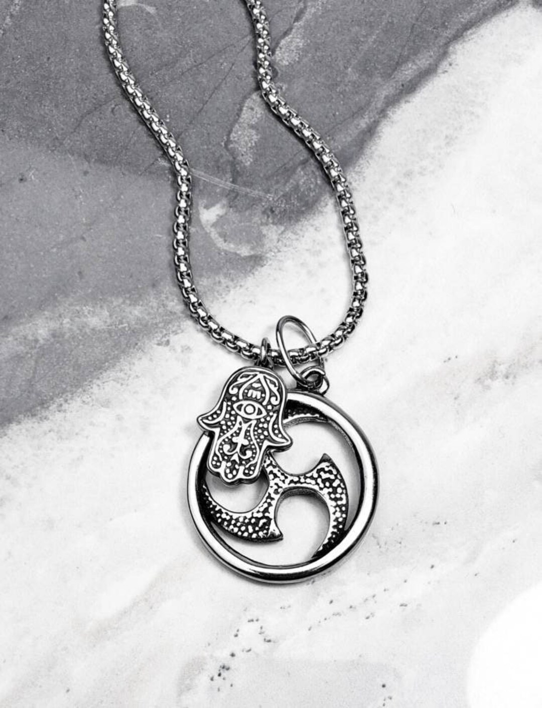 Men's hamsa SHINTO Tomoe Necklace Men's Silver Stainless Steel Japanese ...