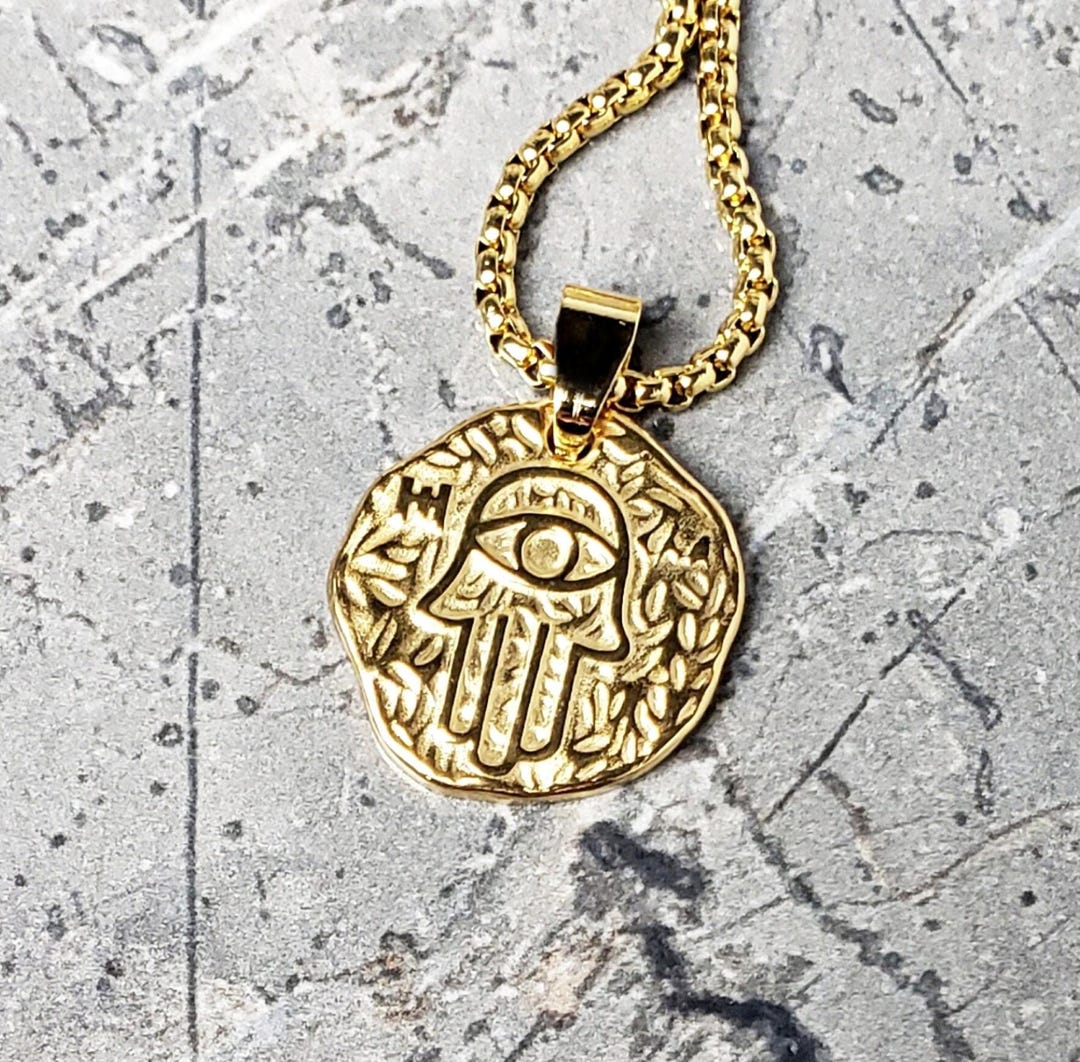 Men's RUSTIC HAMSA COIN Necklace | Men's Hammered Gold Stainless Steel ...