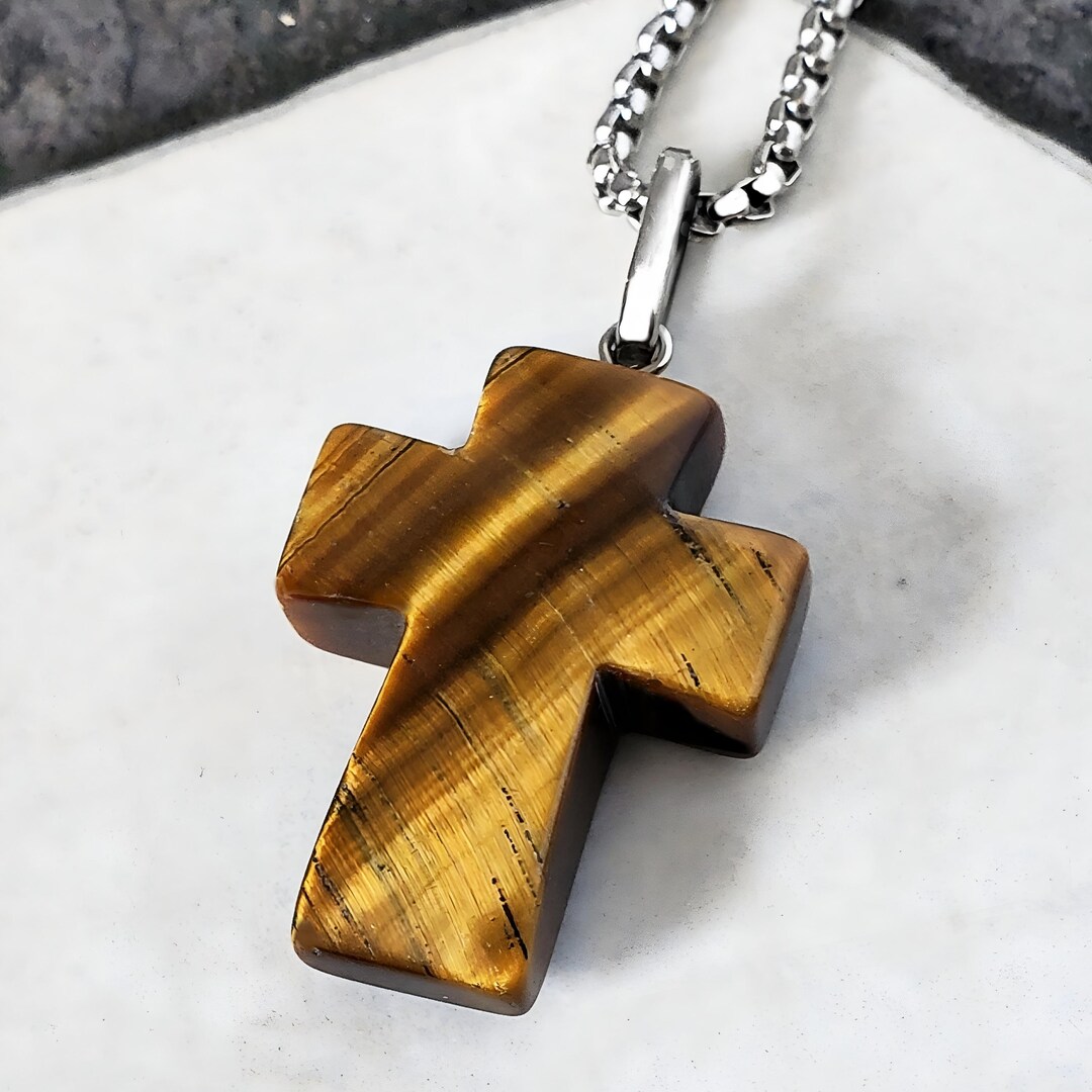 Men's TIGER EYE CROSS Necklace | Men's Tiger Eye Gemstone Cross Pendant ...