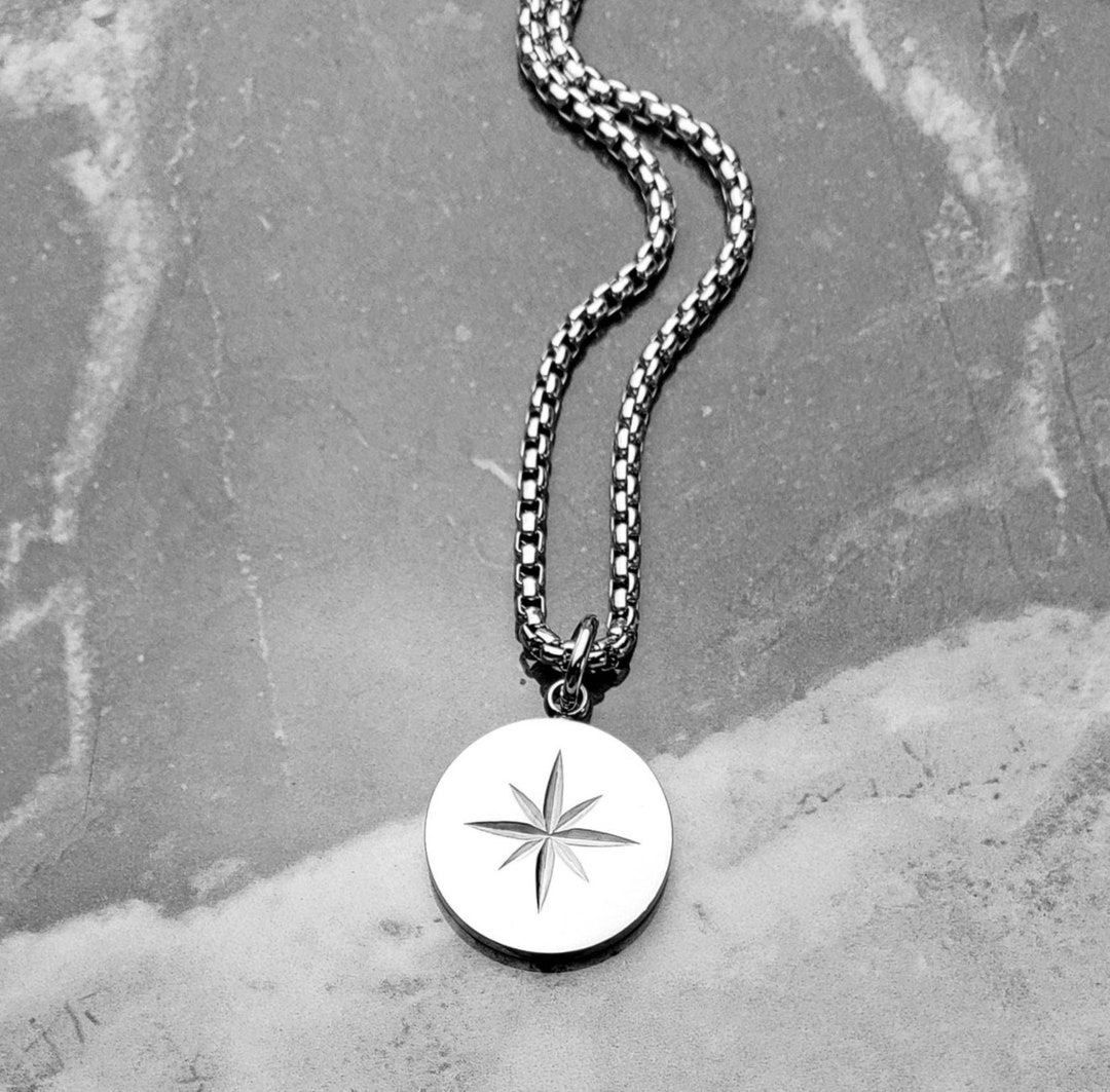 Men's north STAR Coin Necklace Men's Silver Stainless Steel Northstar ...