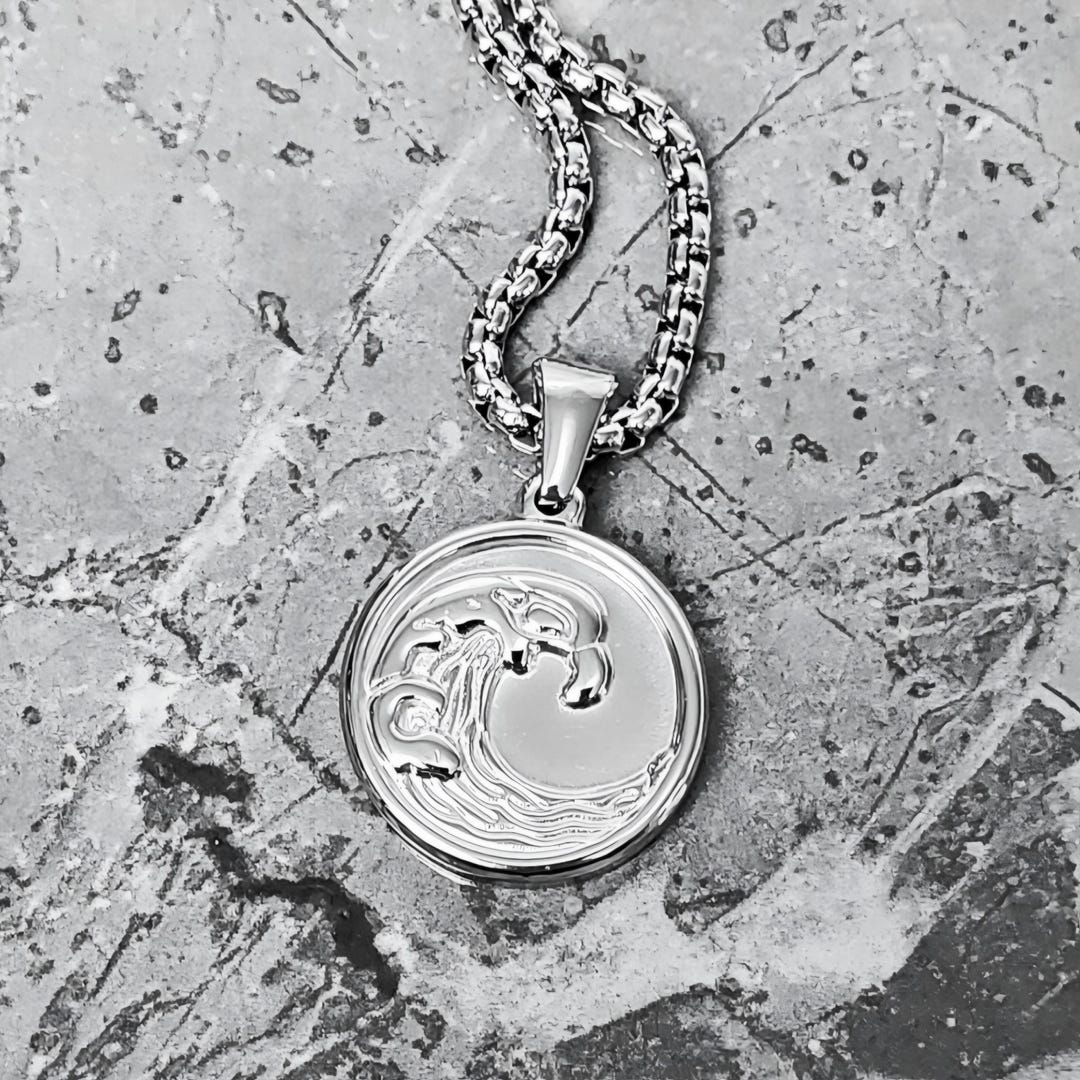 Men's SILVER WAVE COIN Necklace | Men's Silver Stainless Steel Wave ...