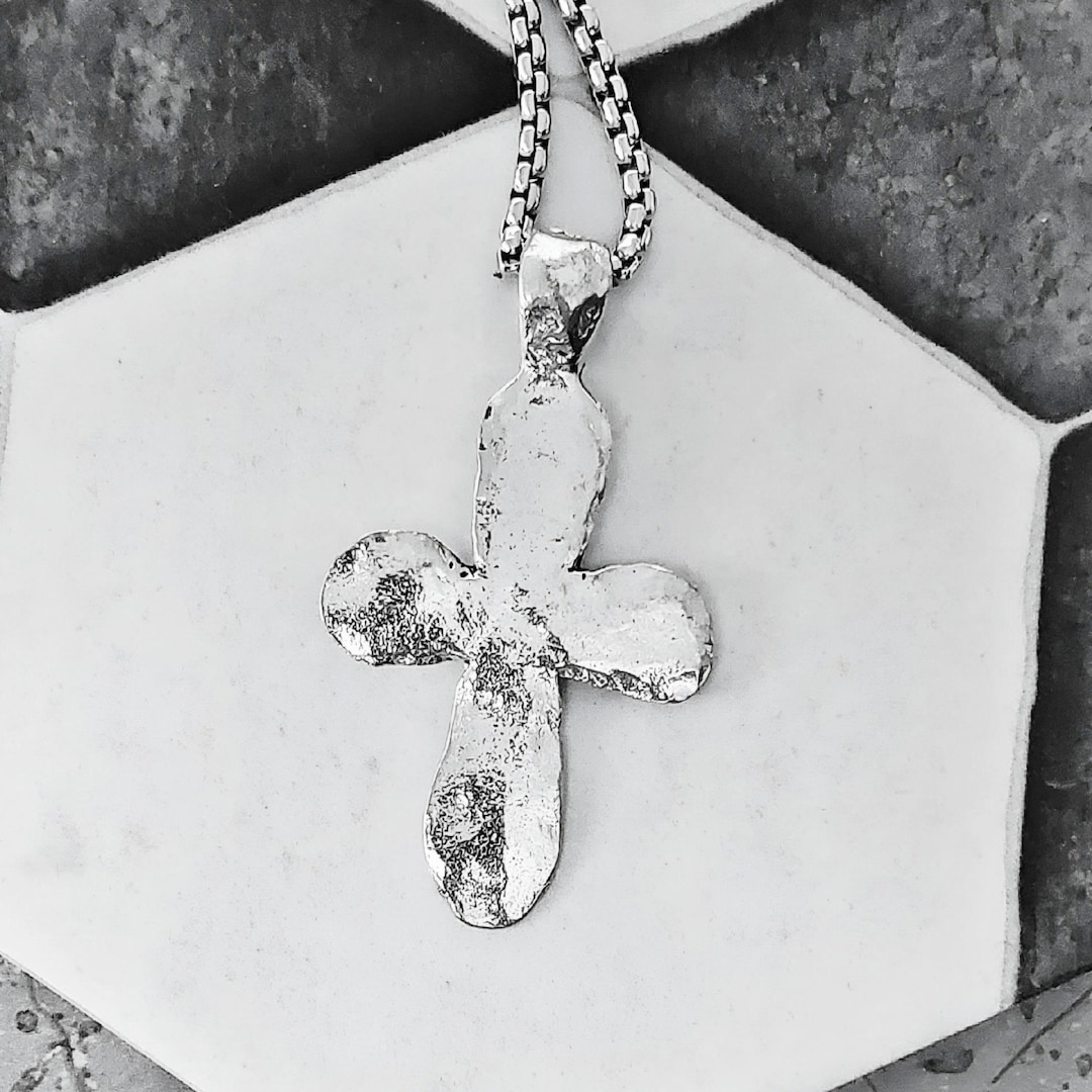 Men's HAMMERED RUSTIC CROSS Necklace| Men's Silver Stainless Steel ...