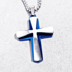 Men's blue STEEL Cross Necklace Men's - Etsy