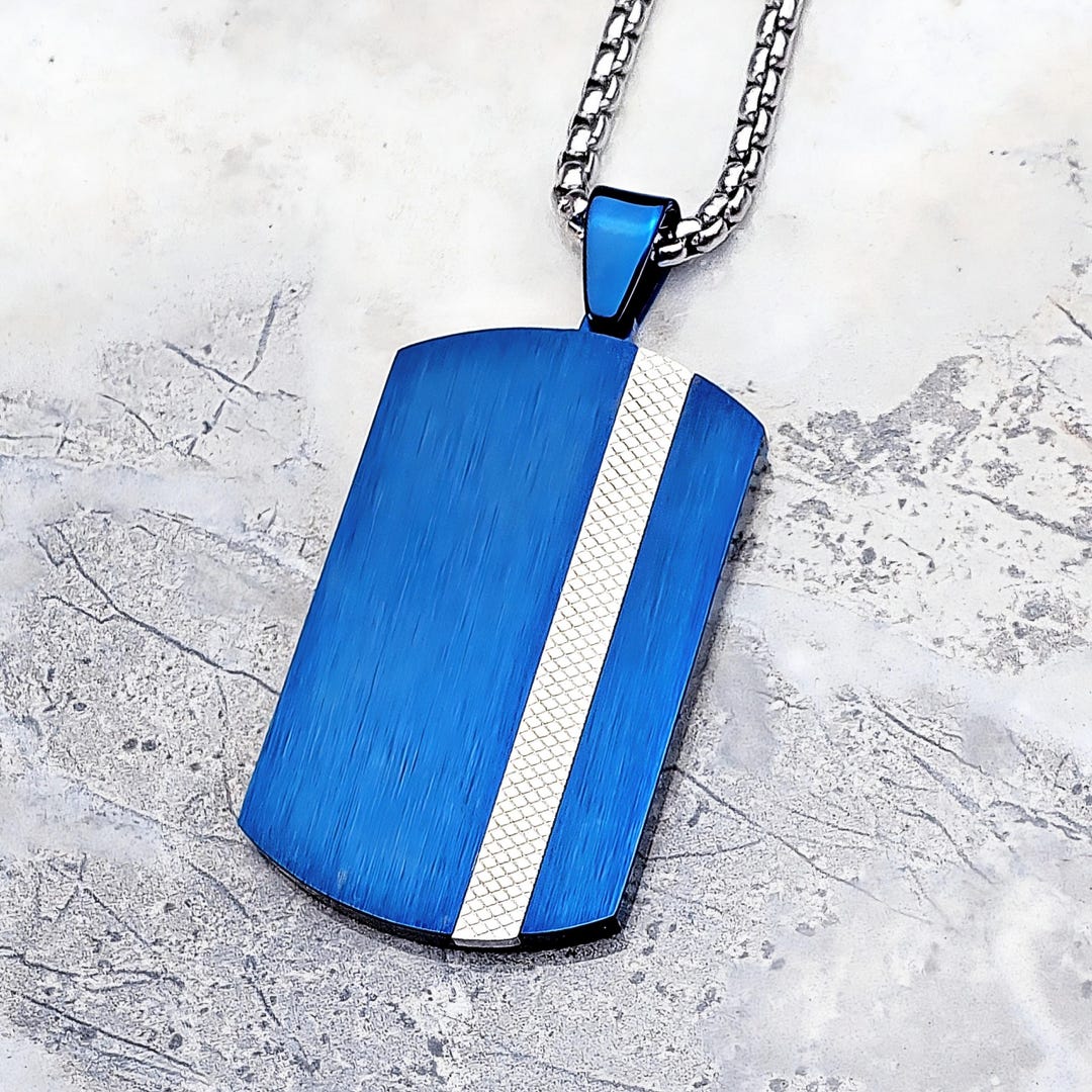 Men's MATTE BLUE TAG Necklace | Men's Matte Blue & Silver Stainless ...