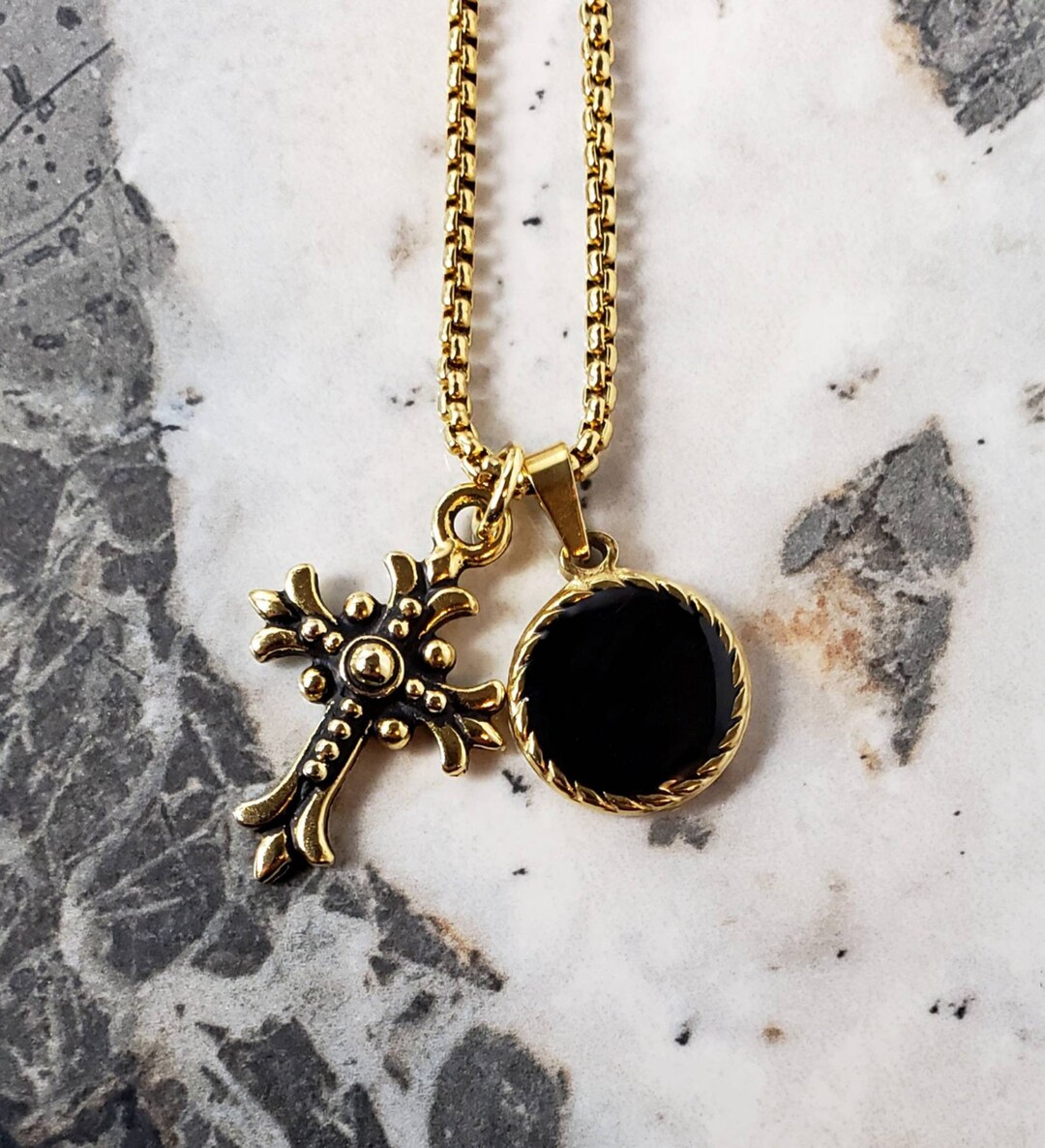Men's "gold CROSS & Coin" Necklace| Men's Gold Black Stainless Steel ...