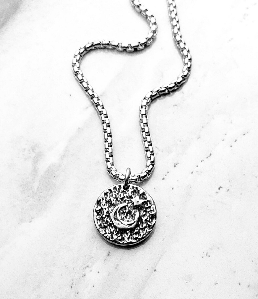 Men's crescent MOON & Star Necklace Men's Hammered Silver Stainless ...