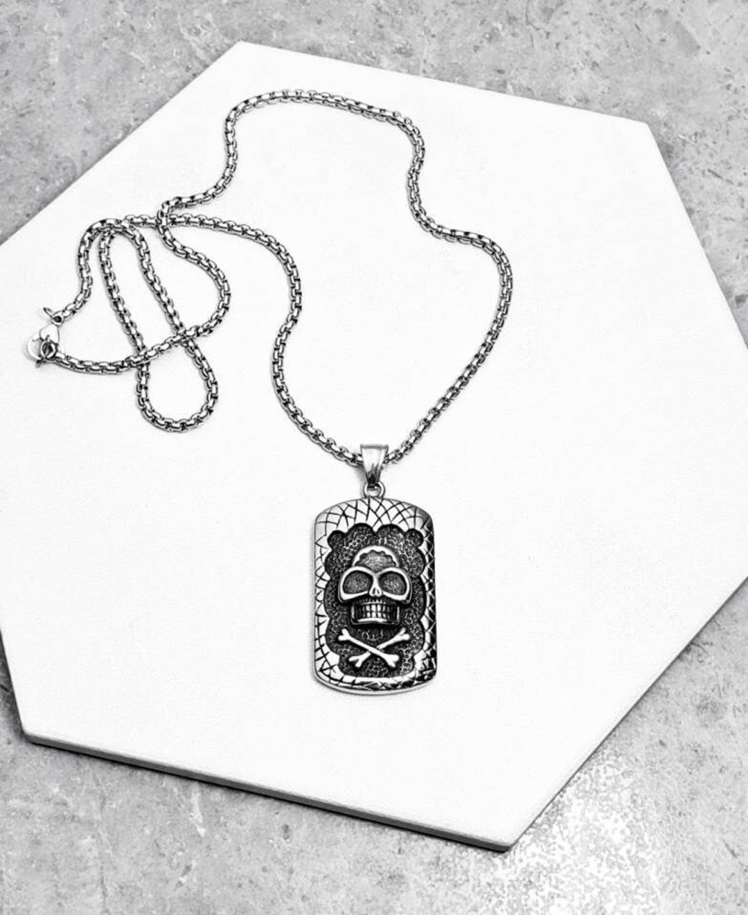 Men's skull & BONES Tag Necklace Men's Silver Black Stainless Steel ...