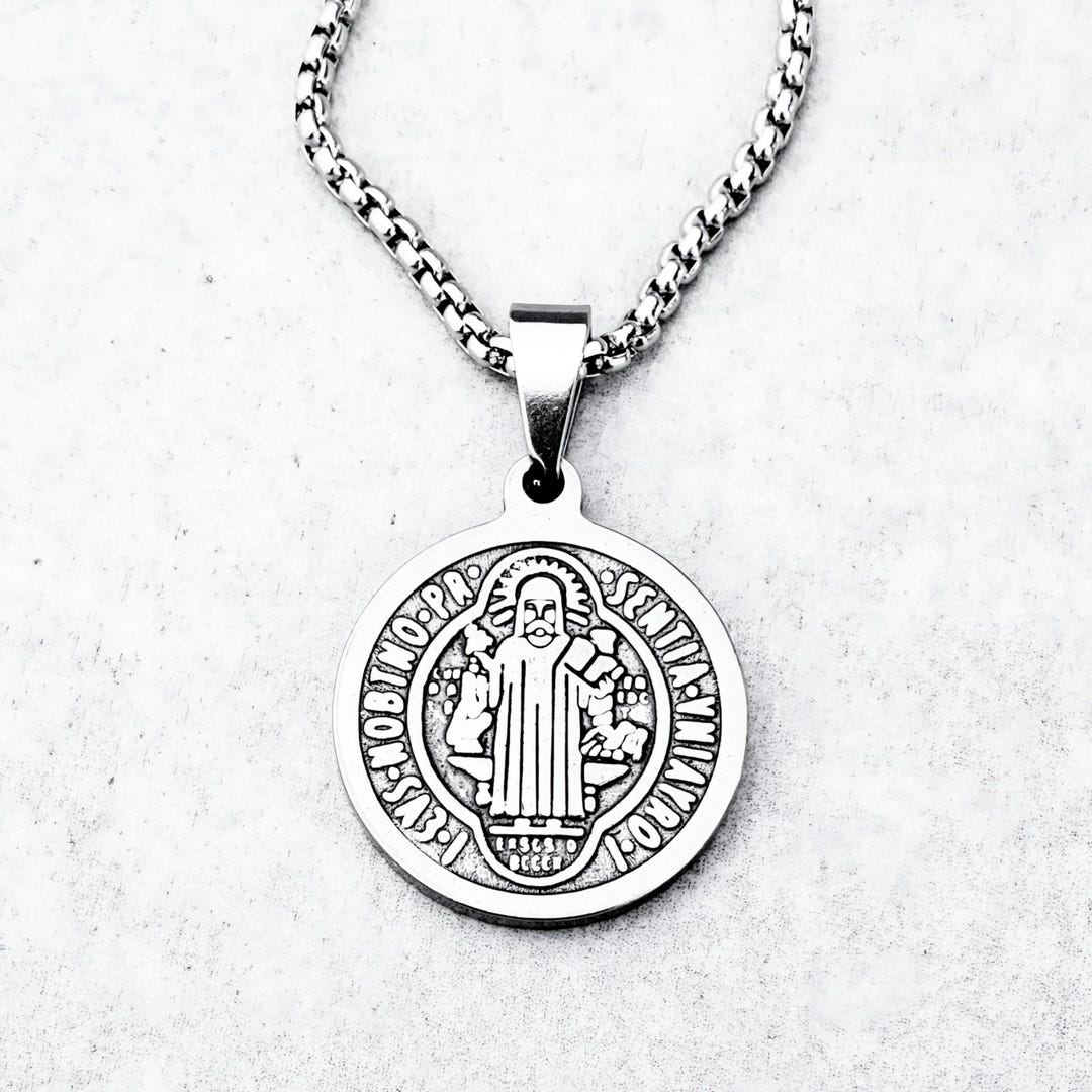 Men's "saint BENEDICT Coin" Necklace| Men's Oxidized Silver Stainless ...