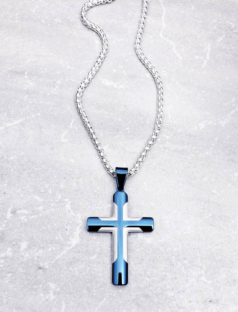 Men's platinum BLUE Cross Necklace Men's | Etsy