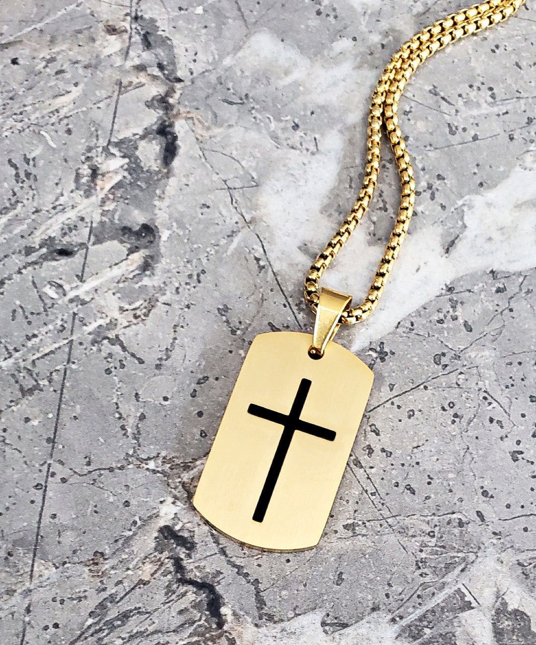 Men's cross DOG Tag Necklace Men's Gold & Black Stainless Steel Cross ...