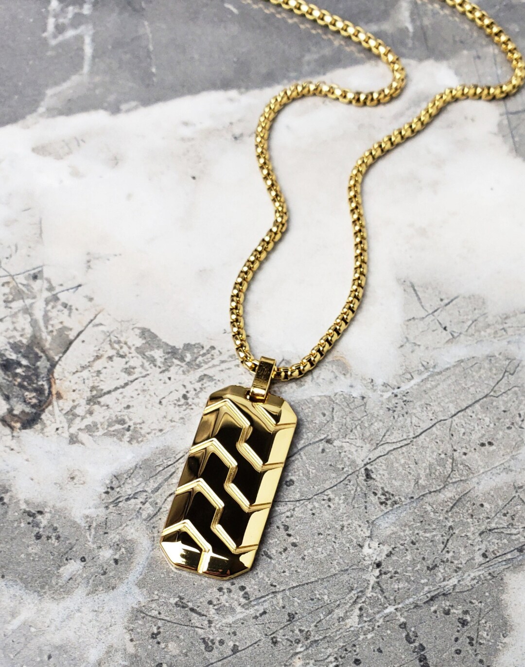 Men's gold CHEVRON Tag Necklace Men's Gold Stainless Steel Sculpted ...