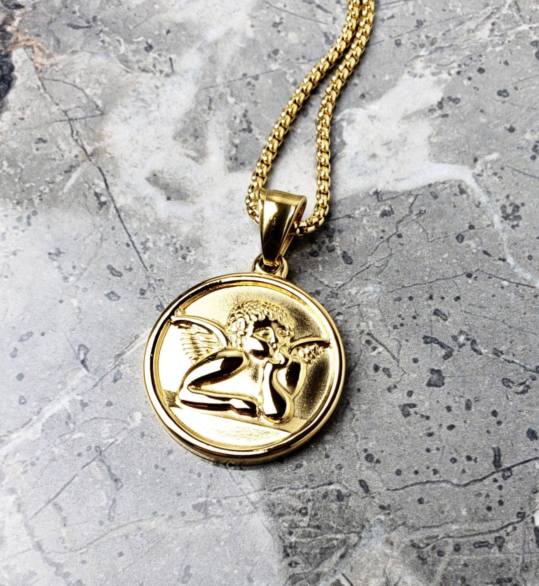 Men's gold ANGEL Amulet Necklace Men's Gold Stainless Steel Angel Coin ...