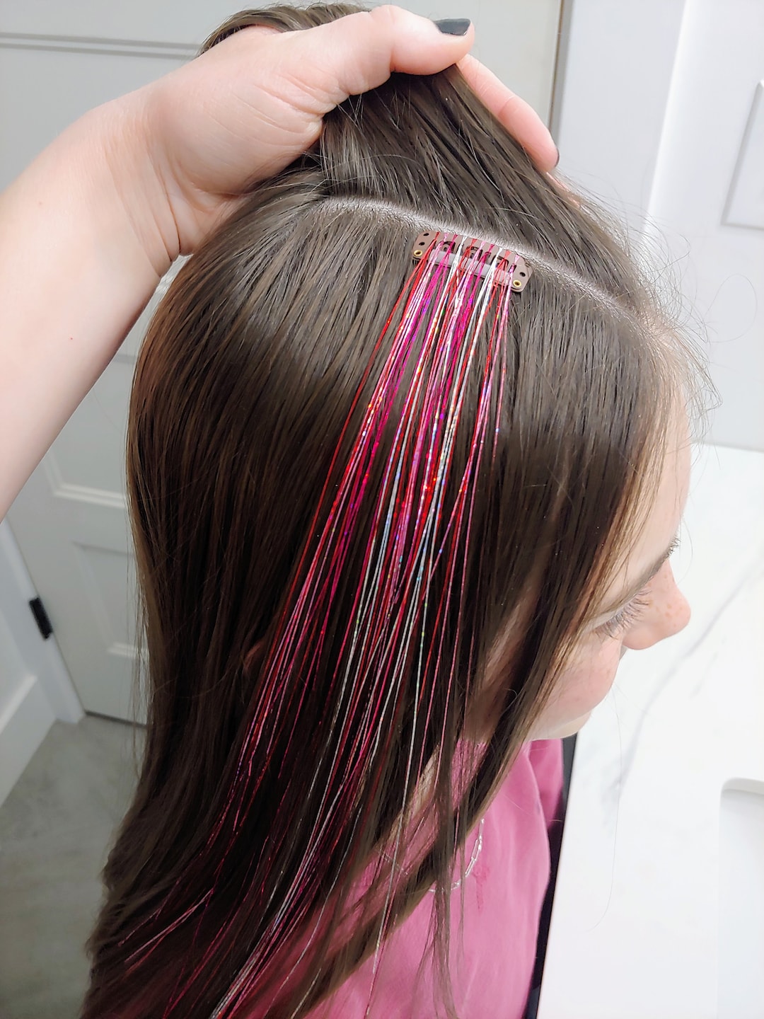 Valentine Hair Tinsel Extension: Pink, Red, Silver Sparkle Reusable ...