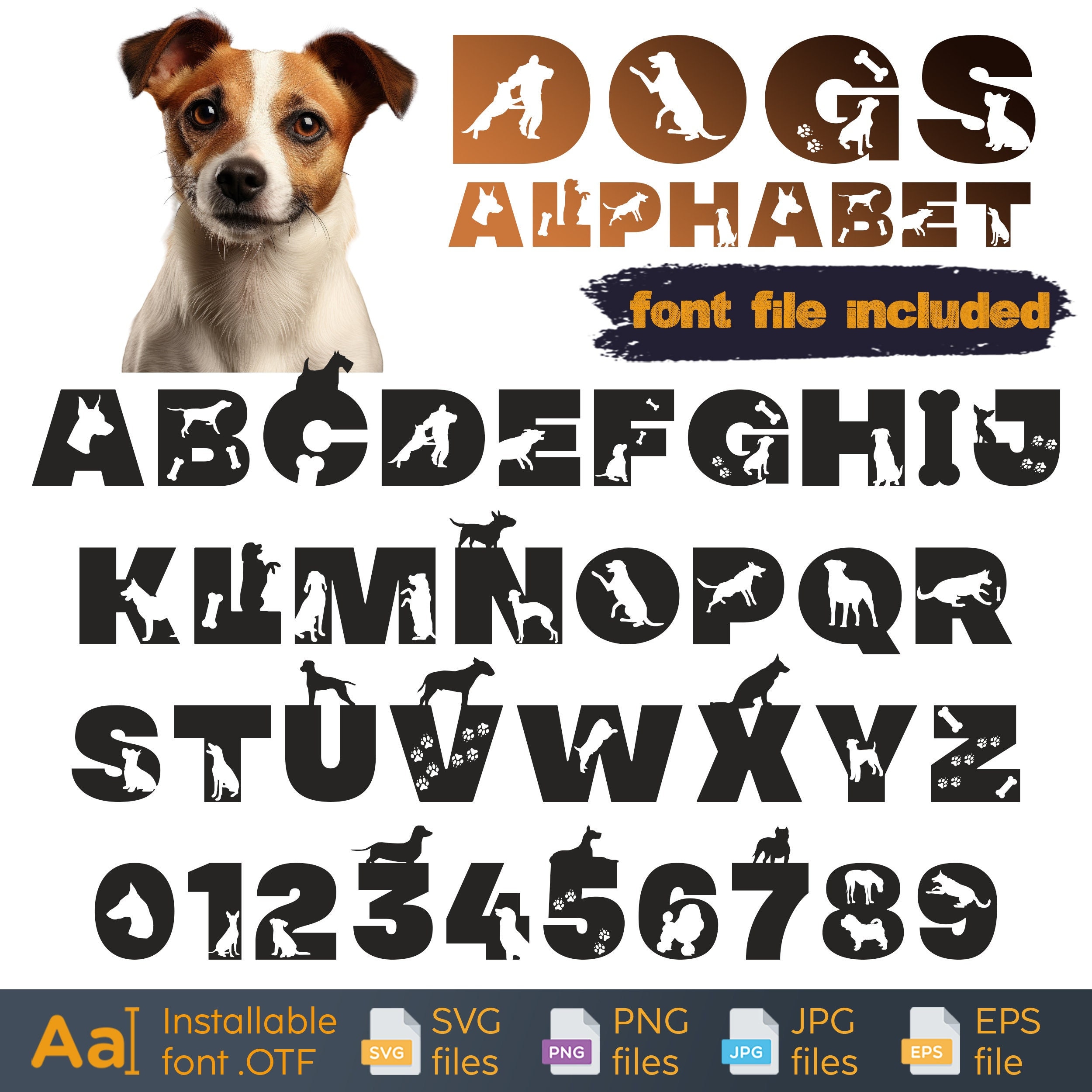 Letras de perro SVG, alfabeto y números de perro SVG, clipart de ...