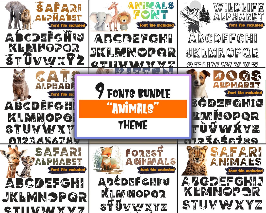 9 Fonts Bundle - Safari Jungle Animals Fonts - Wildlife Zoo Animals ...