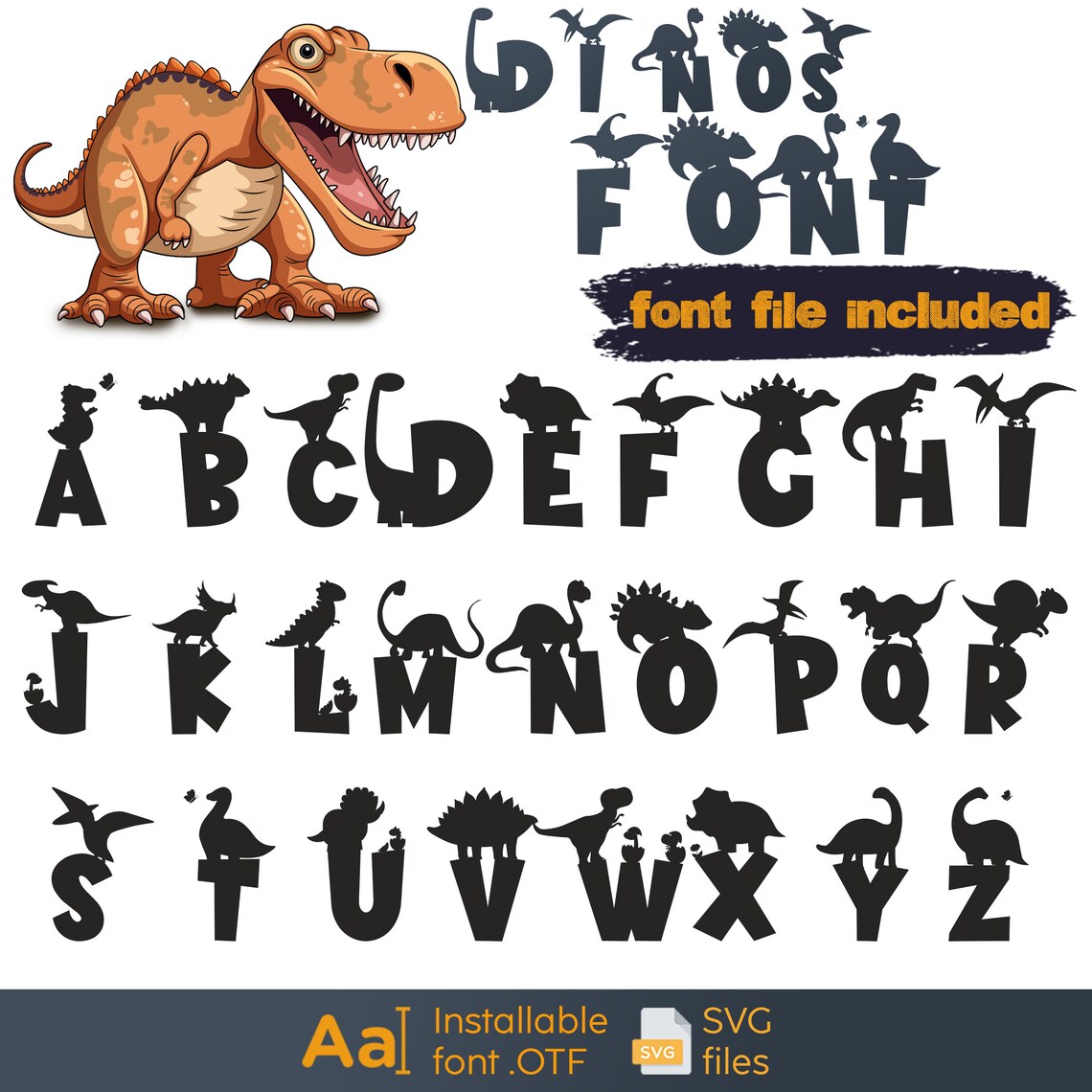 Dinosaur Font for Kids, Dinosaur Letters, SVG and TTF, Dinosaur Shirt ...