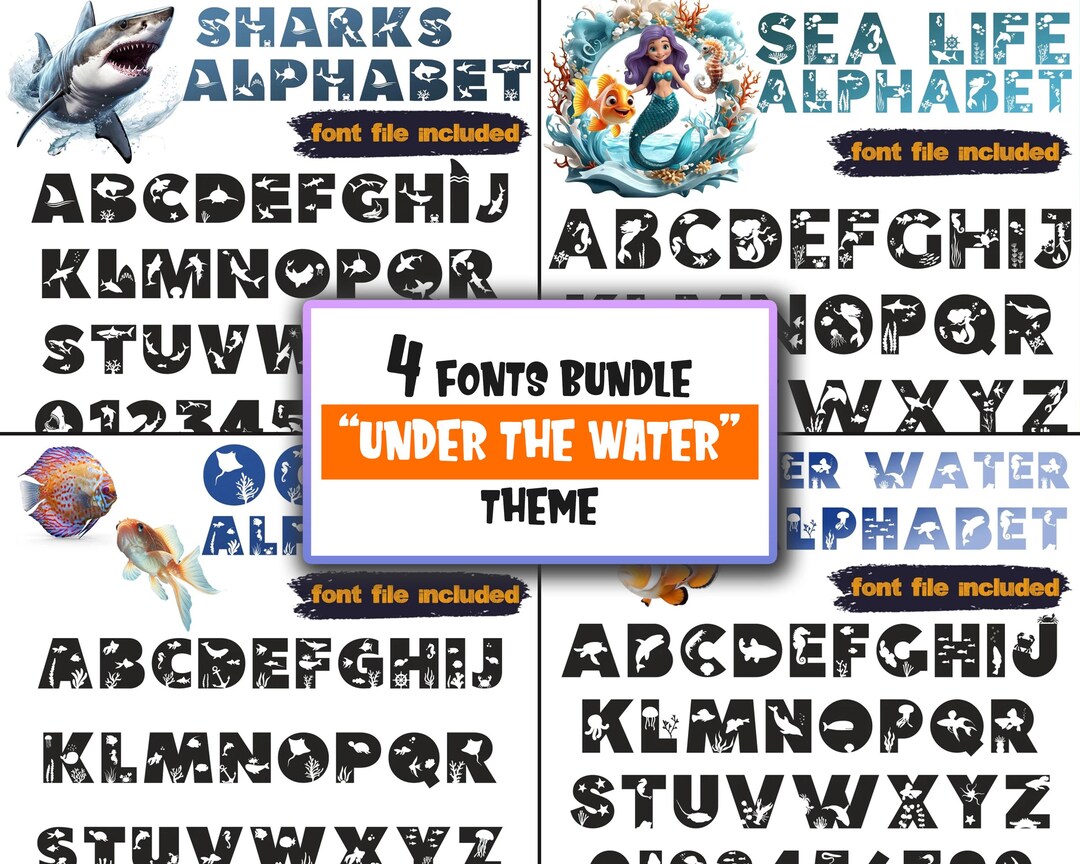 4 Fonts Bundle - Under the Water Alphabet - Sharks and Fish Letters ...