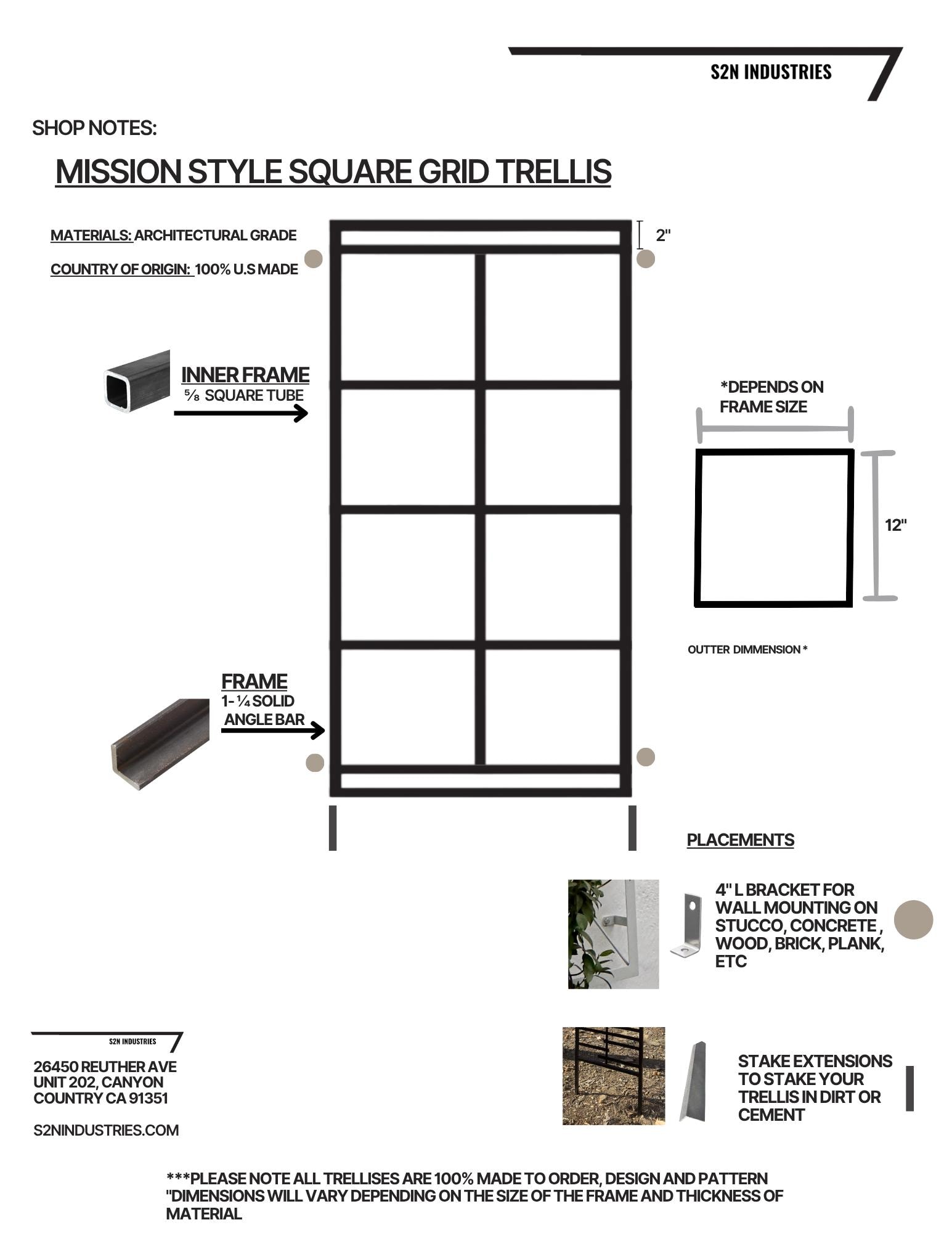 Welded Steel Trellises Mission Style Square Grid Wall Trellis, Custom ...