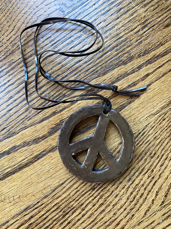Authentic Ceramic Peace Sign Necklace on Brown Plasti… - Gem