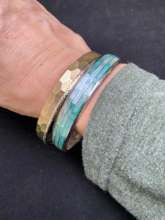 Seaside Trio Stack of Modern Bangle Bracelets - Gem