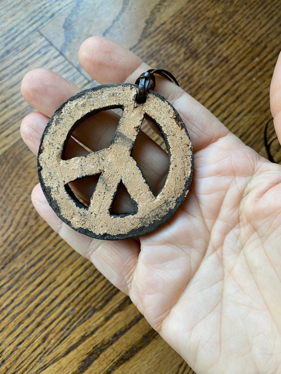 Authentic Ceramic Peace Sign Necklace on Brown Plasti… - Gem
