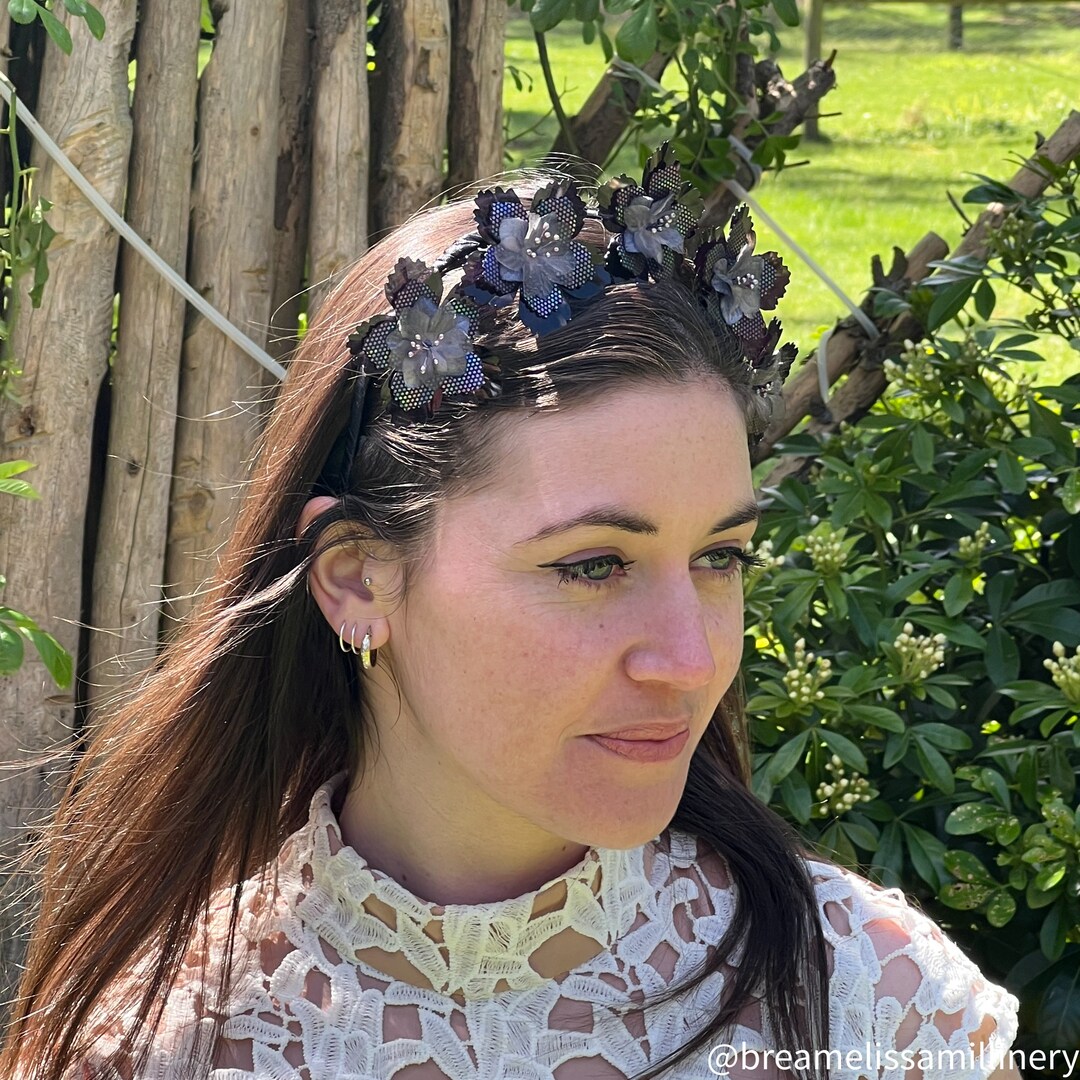 Aria – Black Sequin & Oil-slicked Pleather Floral Headband ...