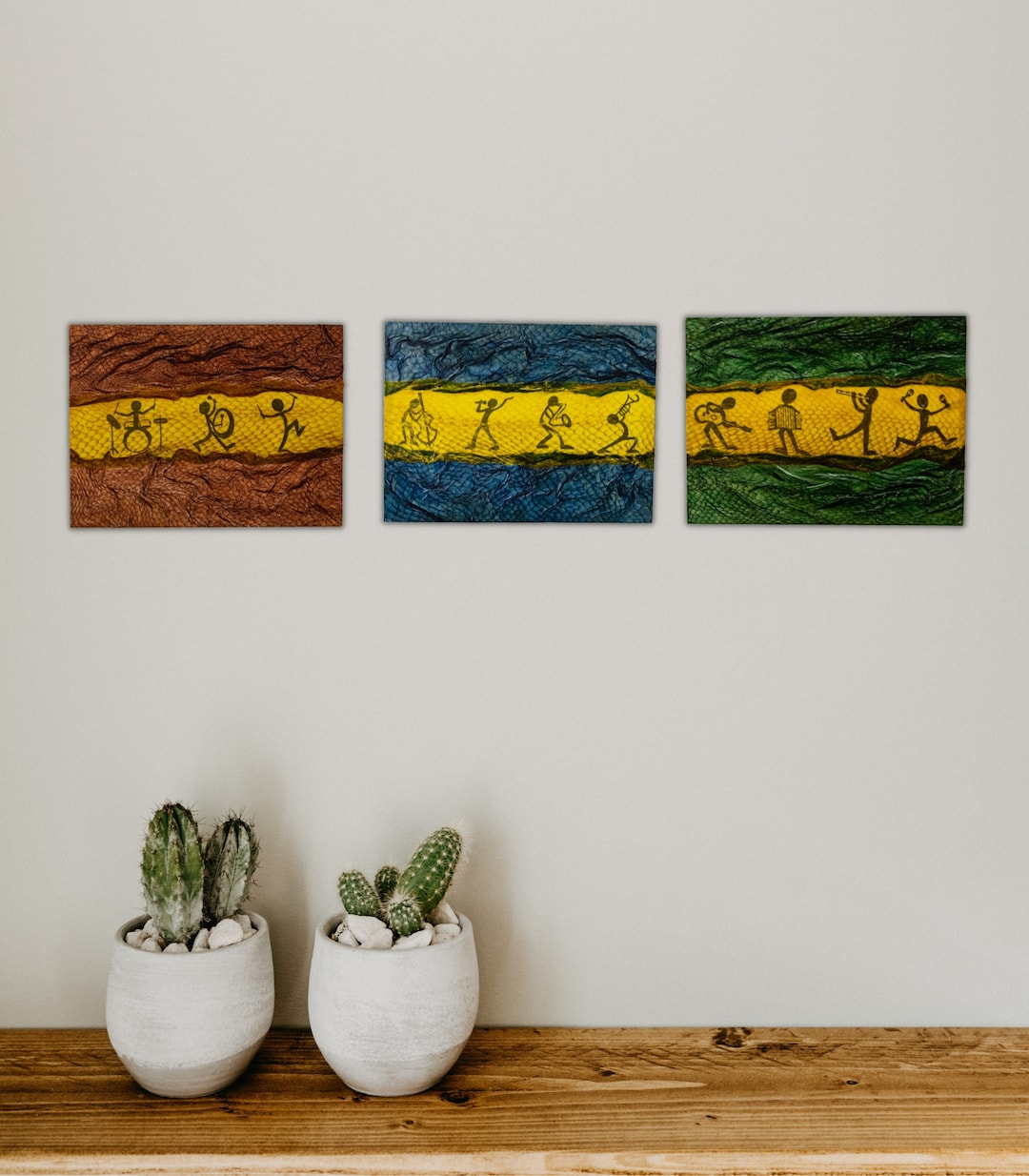 Stickman Wood Wall Art Set of 3 Decorated With Fish Leather, Wall Decor ...