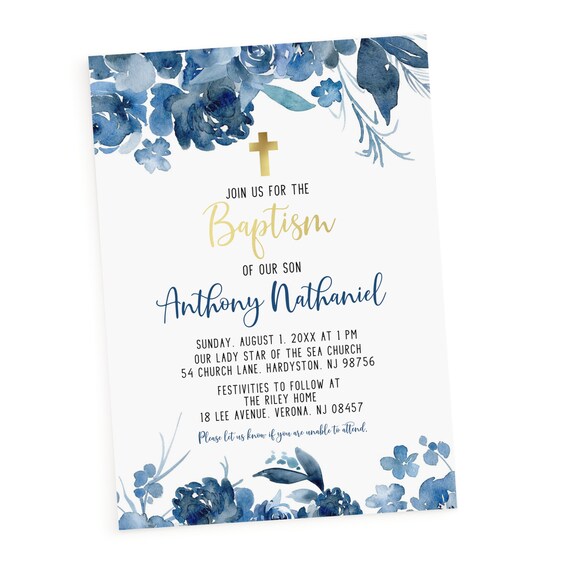 Dark Blue Floral Themed Baptism Party Religious Event Editable | Etsy