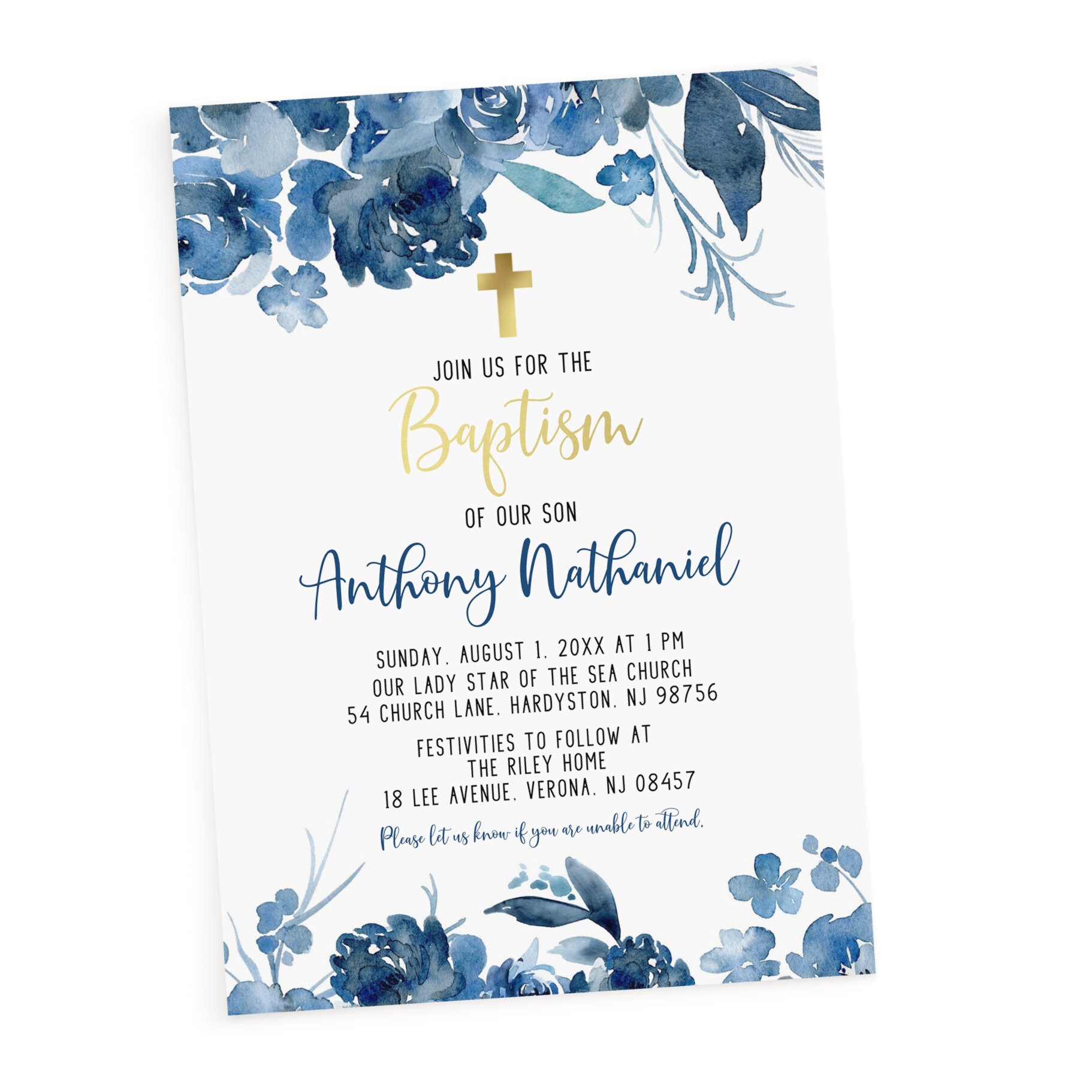 Dark Blue Floral Themed Baptism Party Religious Event Editable ...