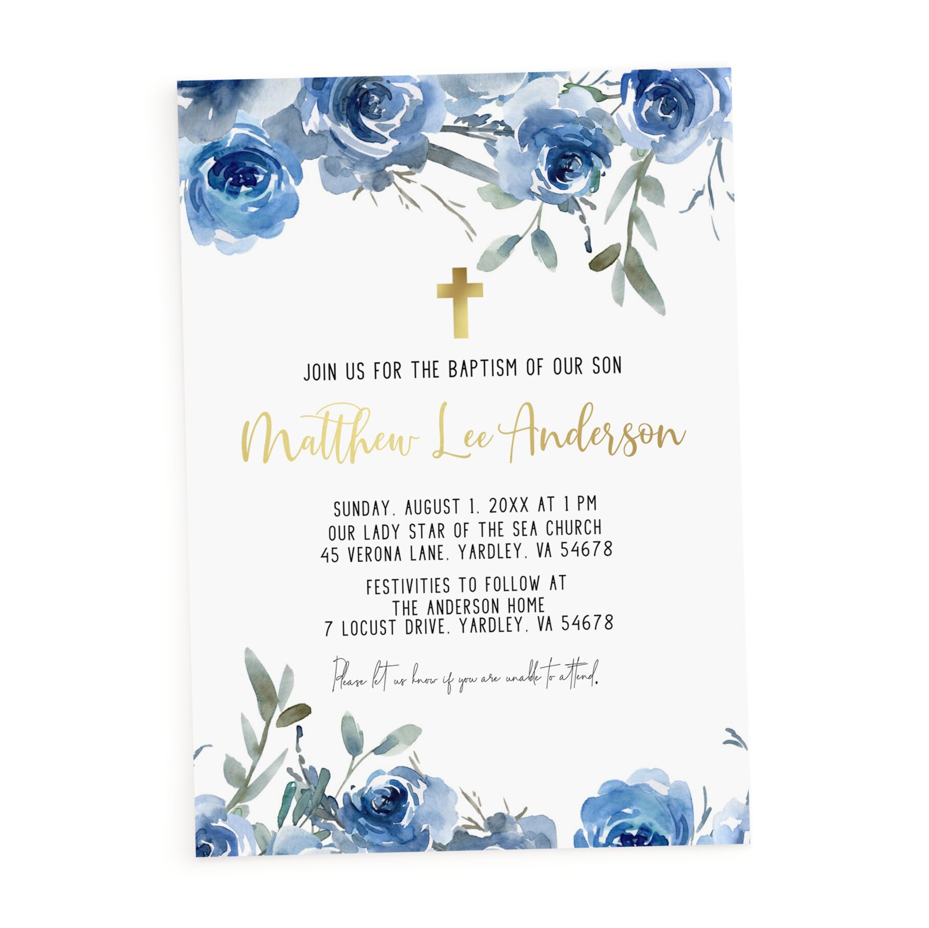Blue Floral Themed Baptism Party Religious Event Editable Invitation to ...