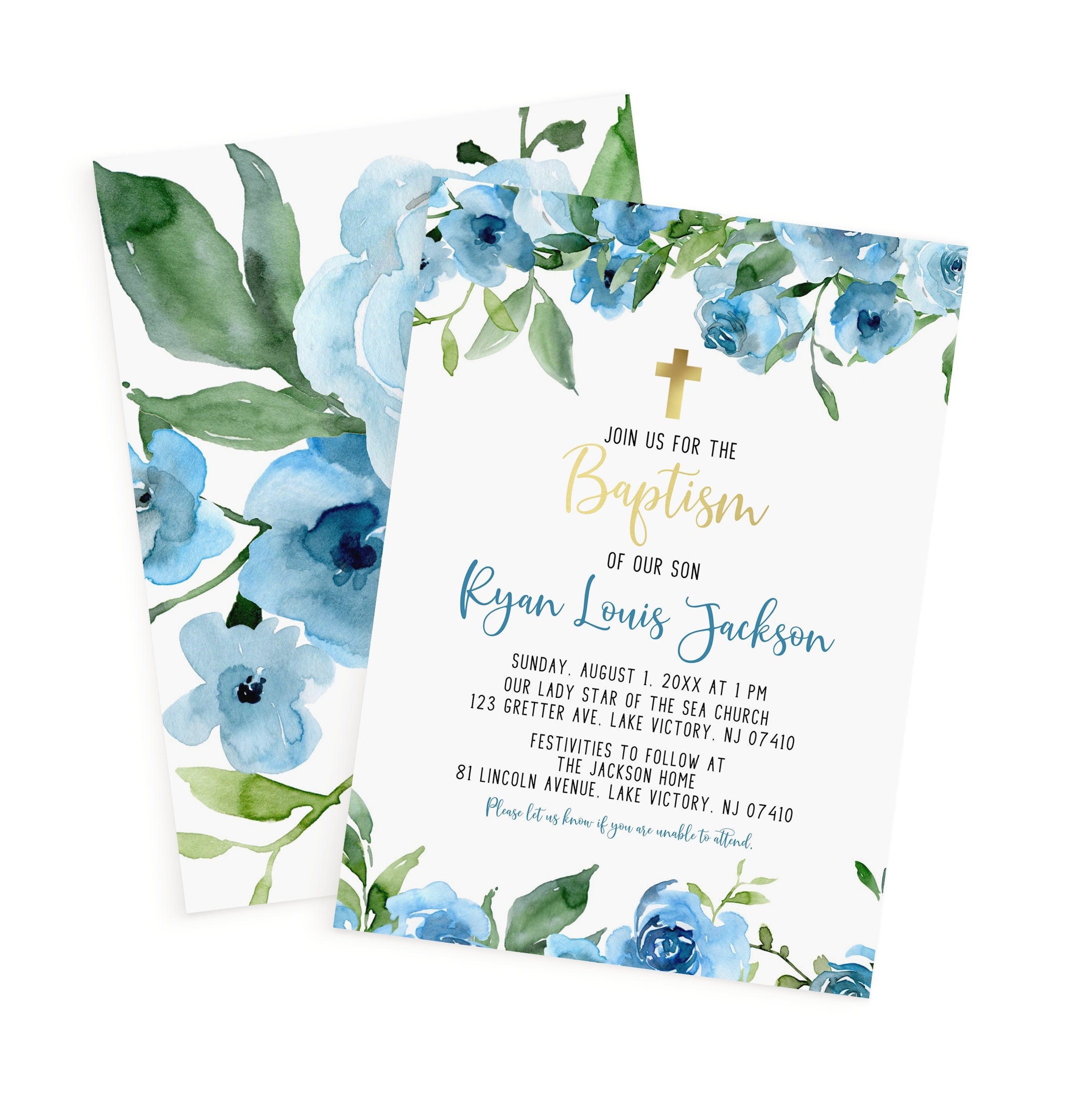 Blue Floral Themed Baptism Party Religious Event Editable Invitation to ...