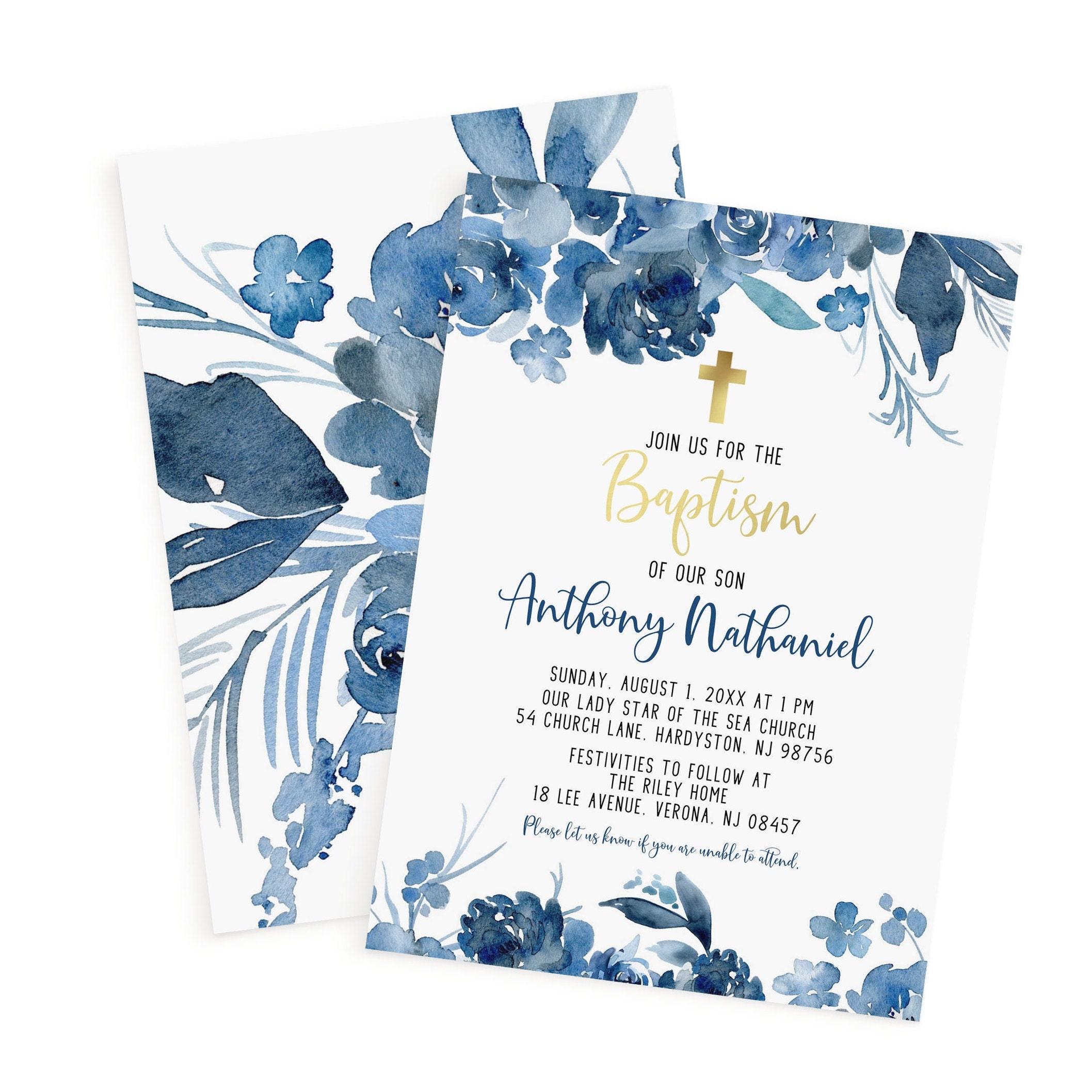Dark Blue Floral Themed Baptism Party Religious Event Editable ...