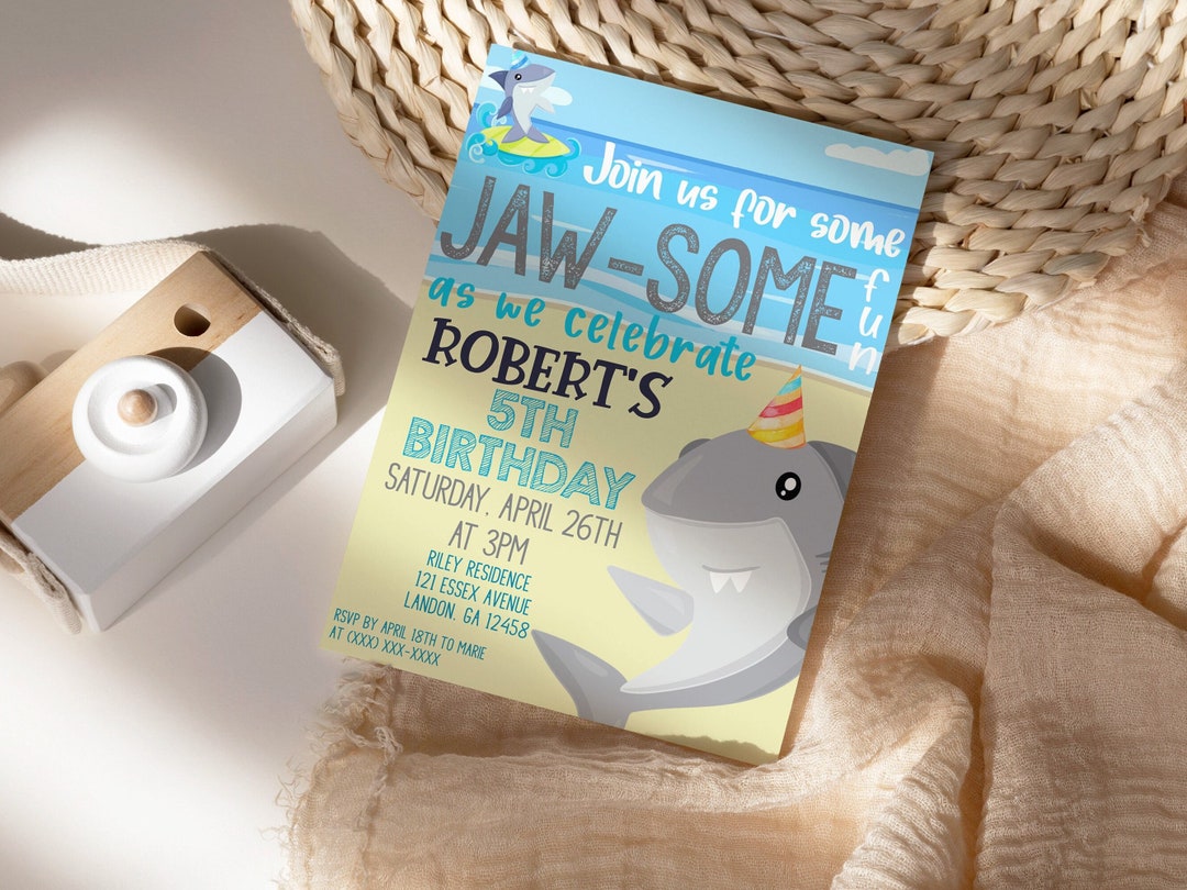 Shark Themed Jawsome Fun Kid's Party Birthday Party Editable Invitation ...