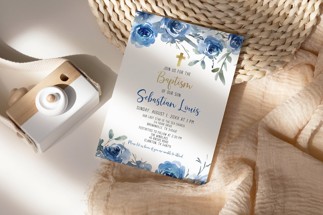 Blue Floral Themed Baptism Party Religious Event Editable Invitation to ...
