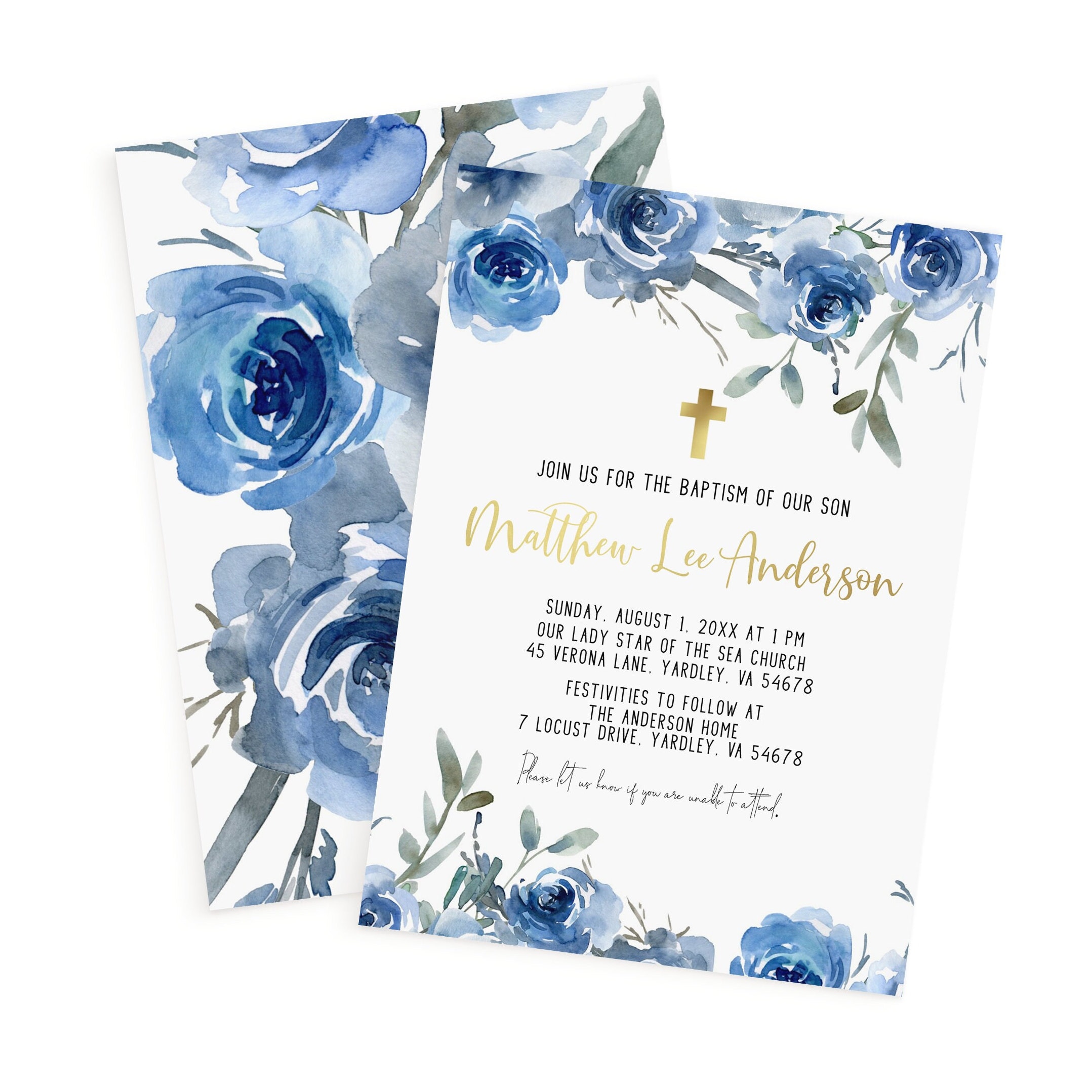 Blue Floral Themed Baptism Party Religious Event Editable Invitation to ...