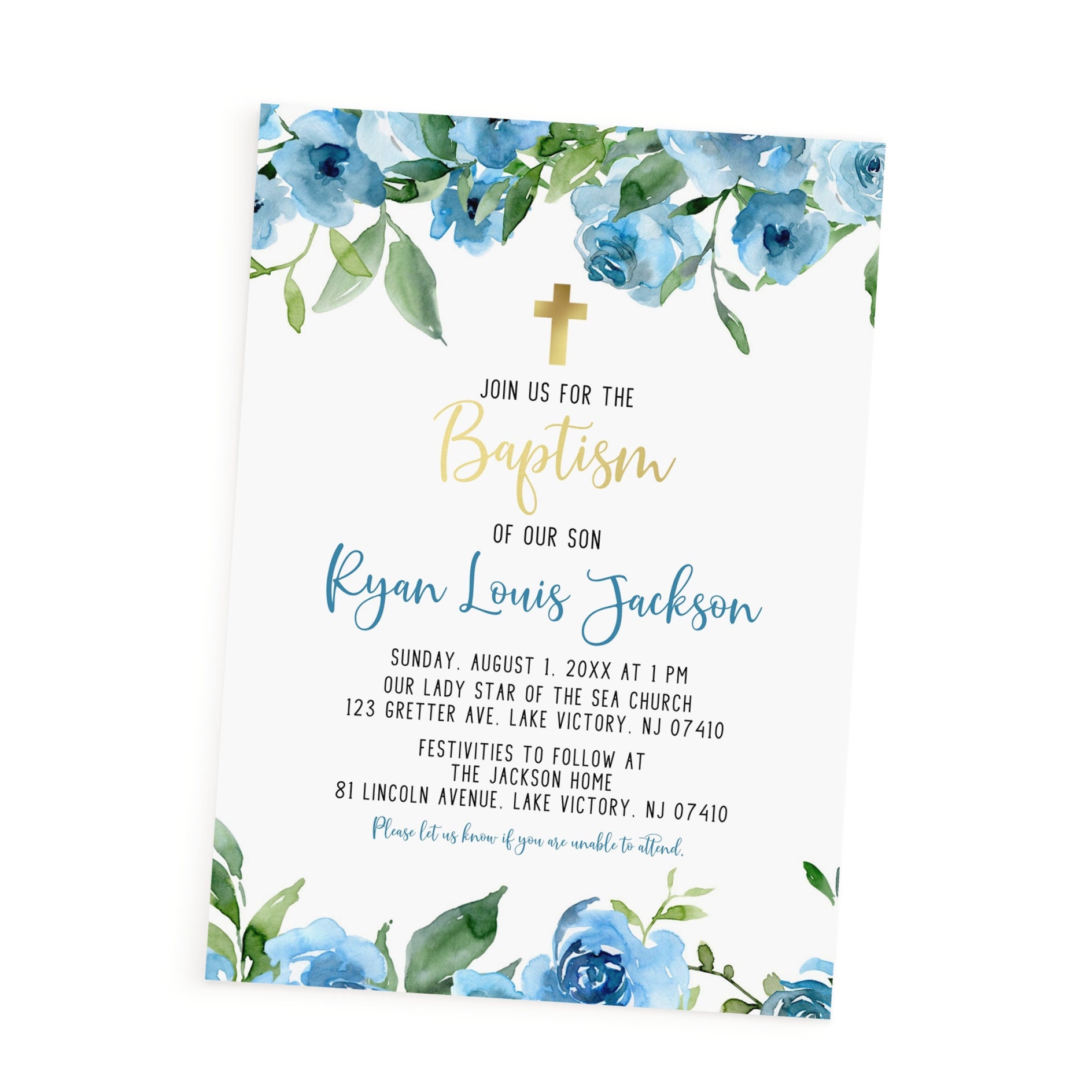 Blue Floral Themed Baptism Party Religious Event Editable Invitation to ...