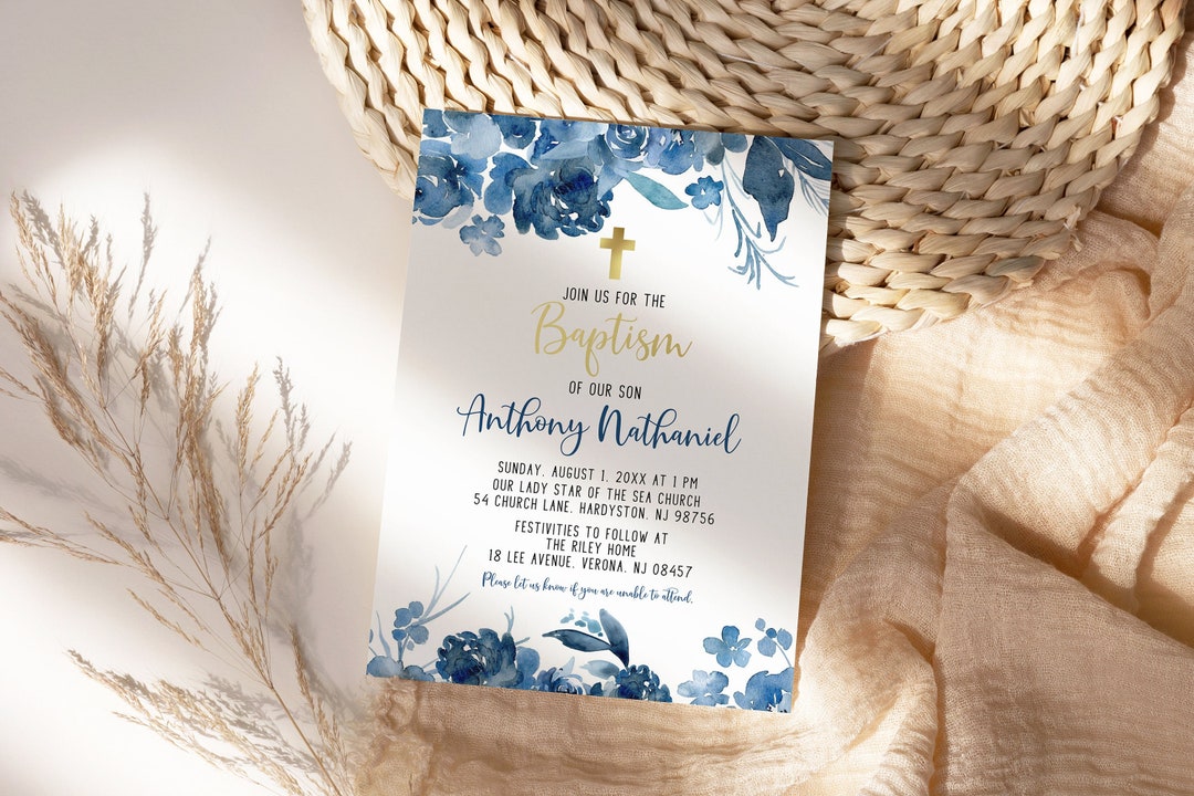 Dark Blue Floral Themed Baptism Party Religious Event Editable ...