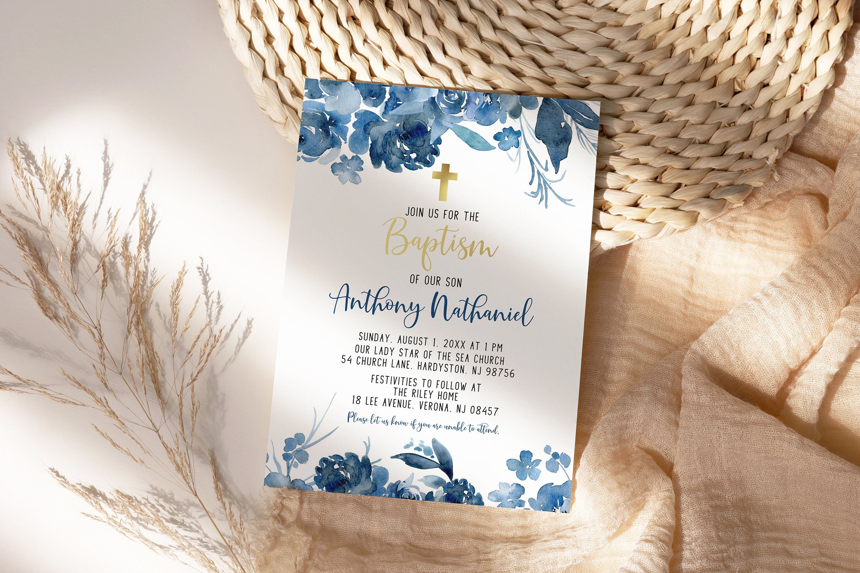 Dark Blue Floral Themed Baptism Party Religious Event Editable ...