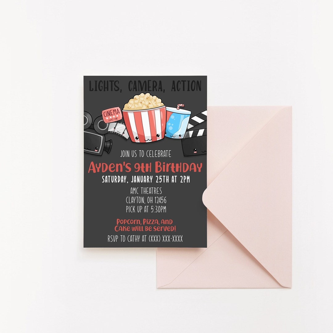 Movie Theater Themed Film Fun Kid's Movie Birthday Party Editable ...
