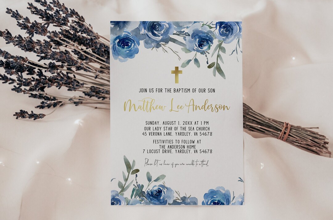 Blue Floral Themed Baptism Party Religious Event Editable Invitation to ...