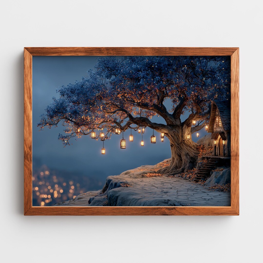 Enchanted Oak Tree Landscape - Rustic Twilight Scene, Starry Sky ...
