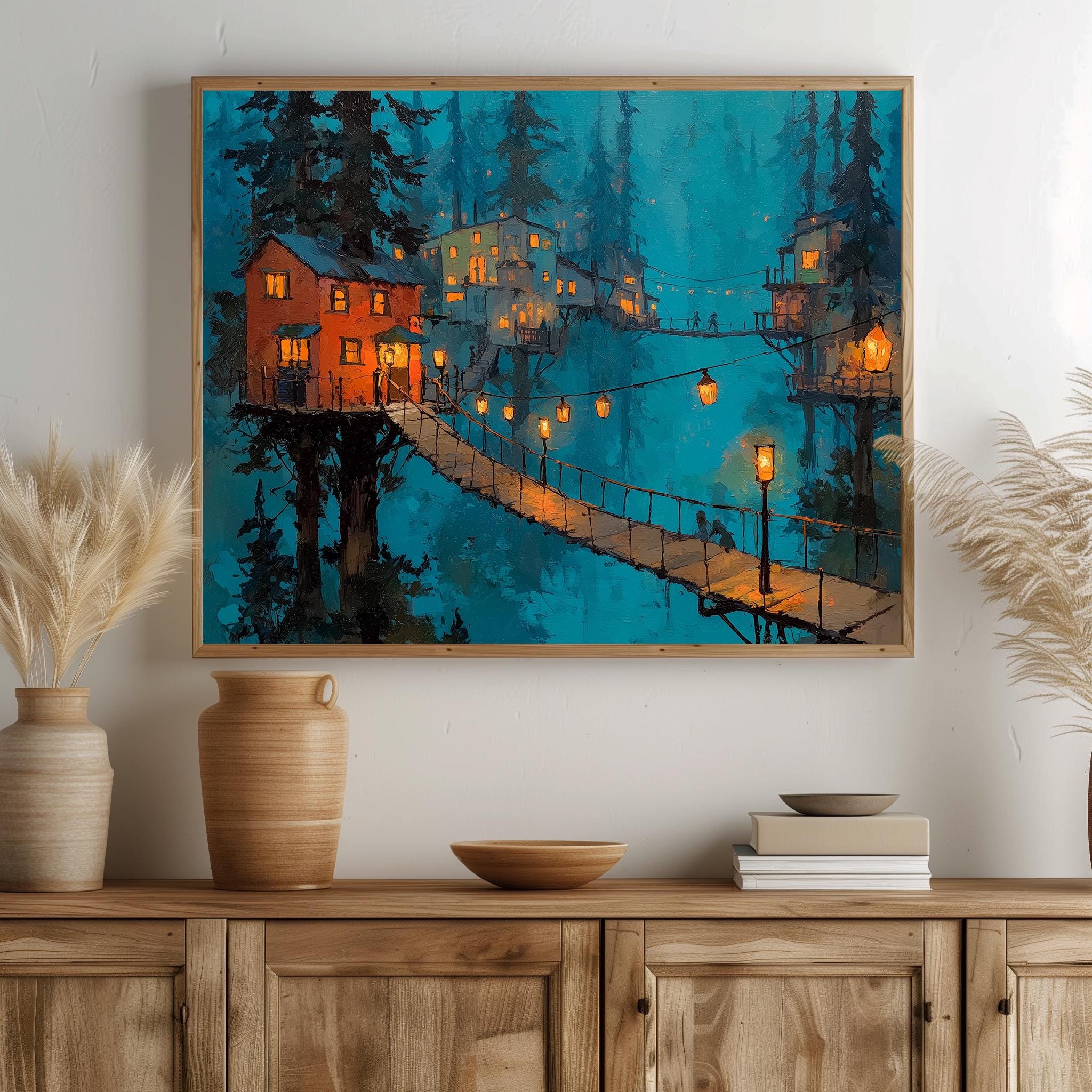 Enchanted Treehouse Village at Night - Rustic Lantern Glow, Moody ...