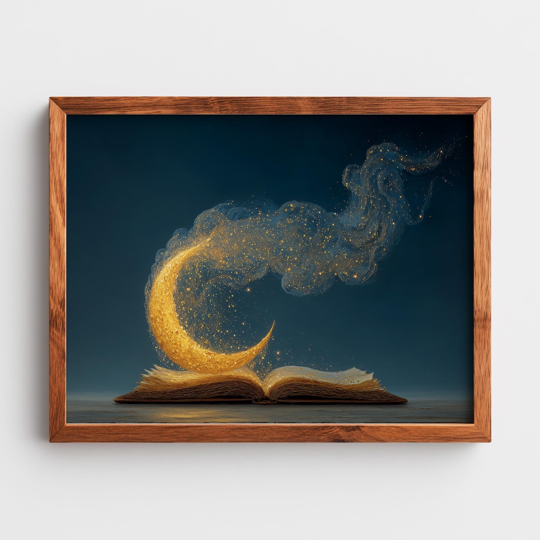 Surreal Crescent Moon in Open Book - Mystical Oil Painting, Dreamy ...