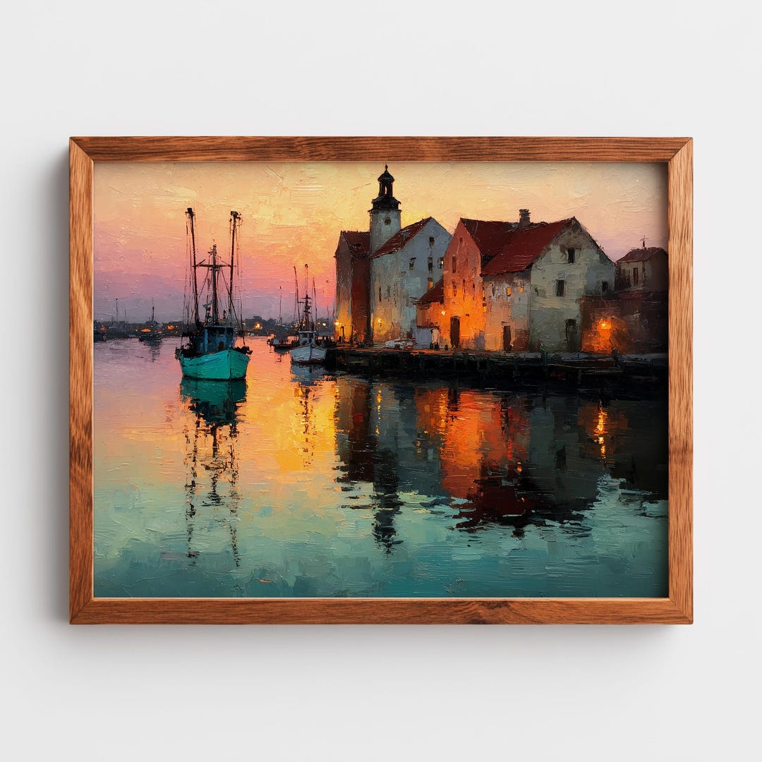 Harbor Town at Sunrise - Printable Vintage Impressionist Painting ...