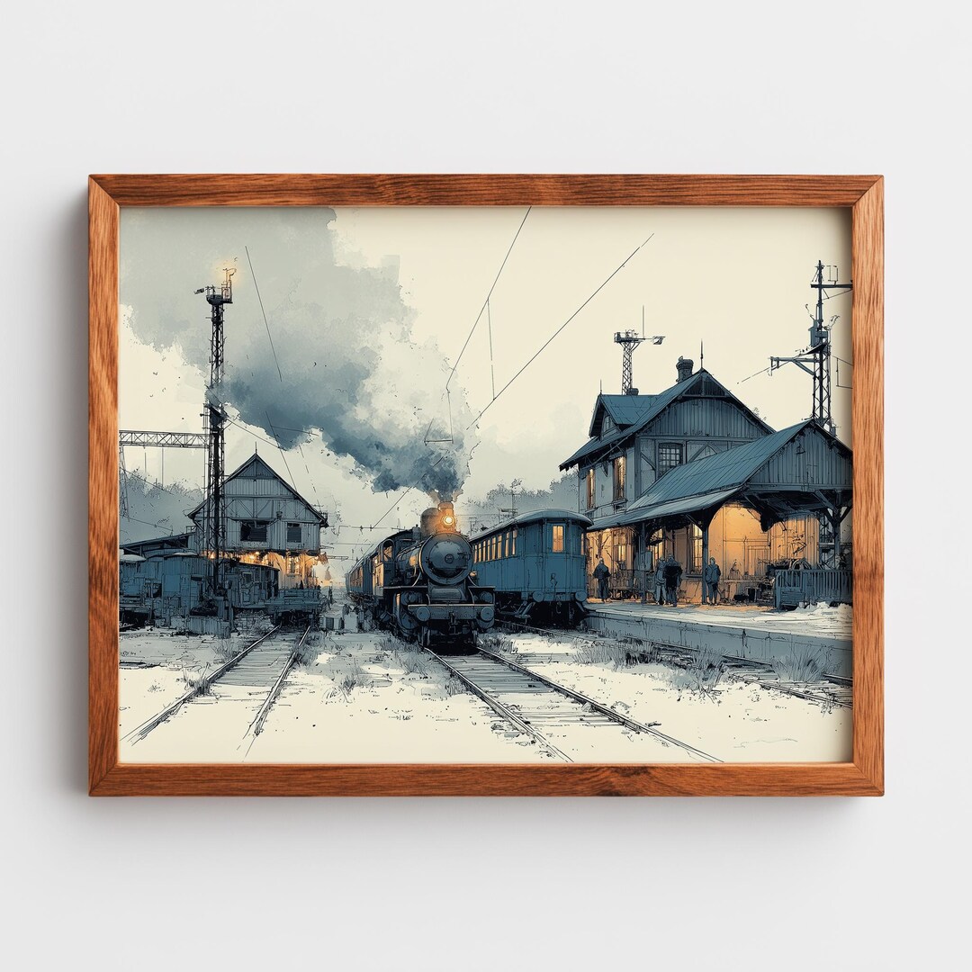 Vintage Railway Station Landscape Art - Printable Rustic Winter Train ...