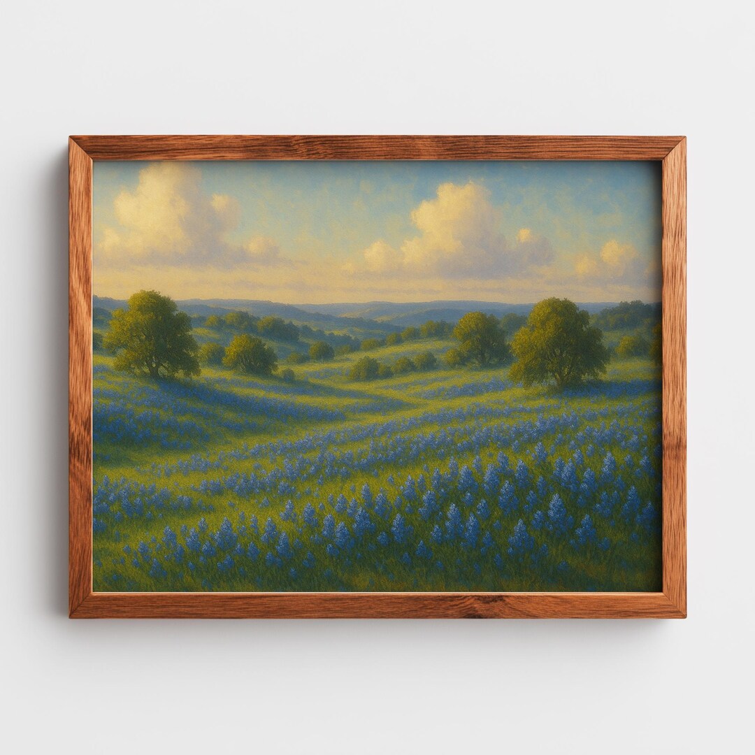 Texas Bluebonnet Hills Printable - Rustic Spring Landscape Art, Serene ...