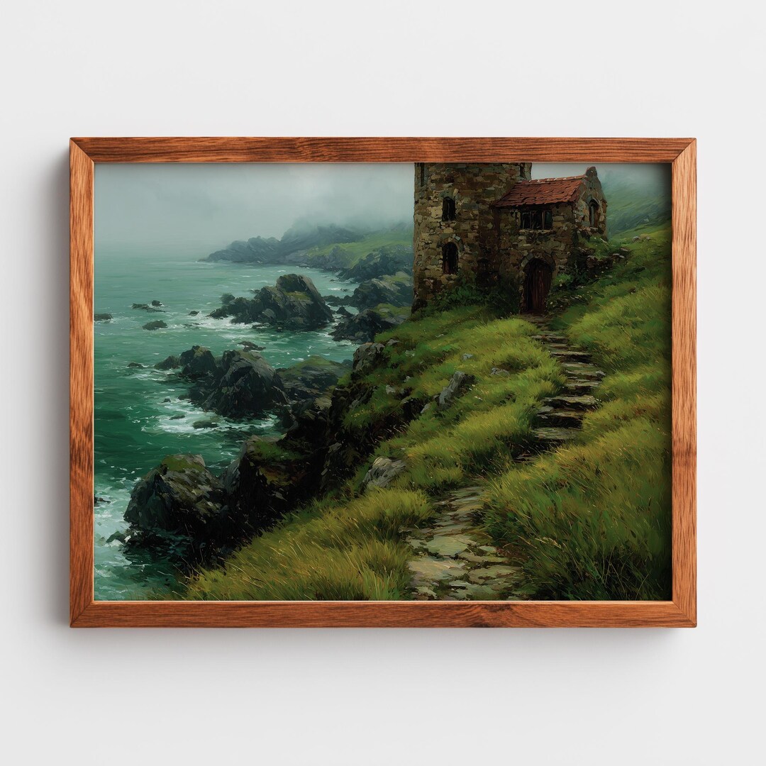 Printable Ancient Watchtower on Cliff - Moody Seaside Landscape Art ...