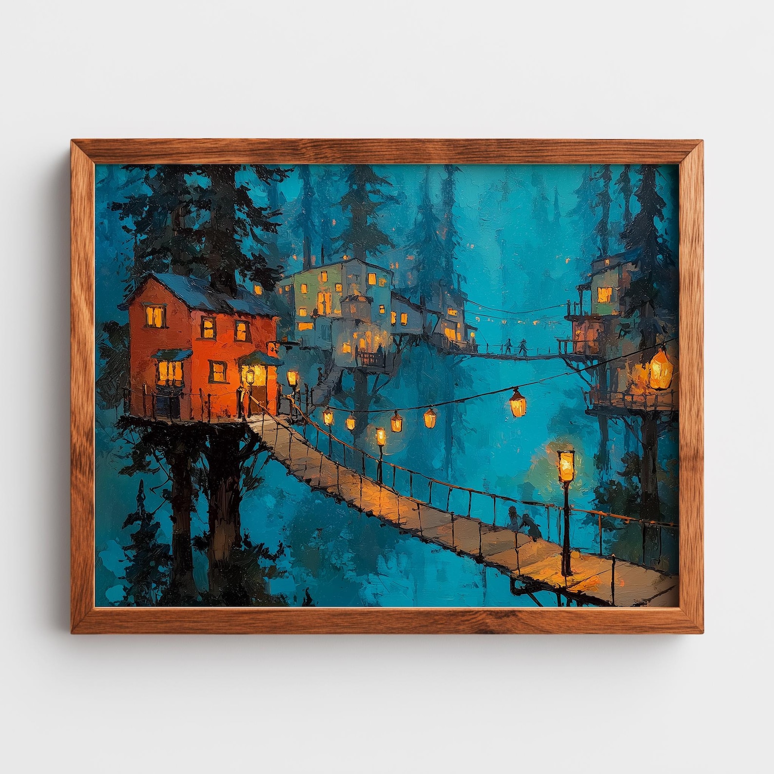 Enchanted Treehouse Village at Night - Rustic Lantern Glow, Moody ...
