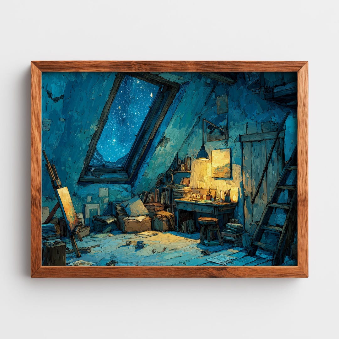 Rustic Attic Studio Scene - Moody Candlelit Art, Vintage Skylight ...