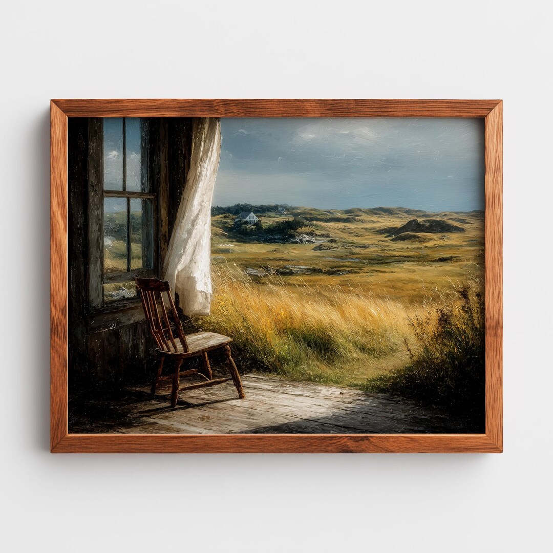 Rustic Farmhouse View - Pastel Landscape Art With Wooden Chair, Cozy ...